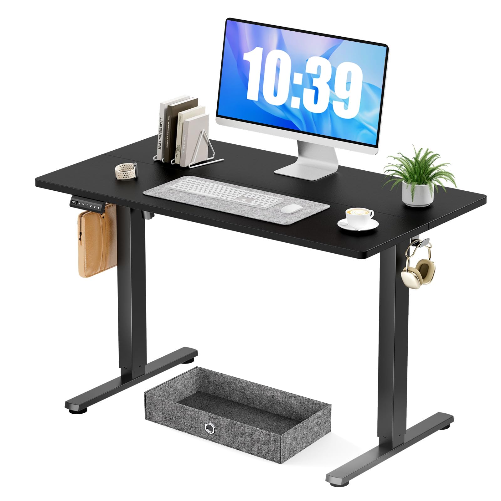 Standing Desk with Drawer, 40 x 24 Inch Home Office Electric Stand Up Desk with Drawer Storage, Height Adjustable Sit Stand Ergonomic Computer Desk with Wire Hole and Hook for Workstation, Study