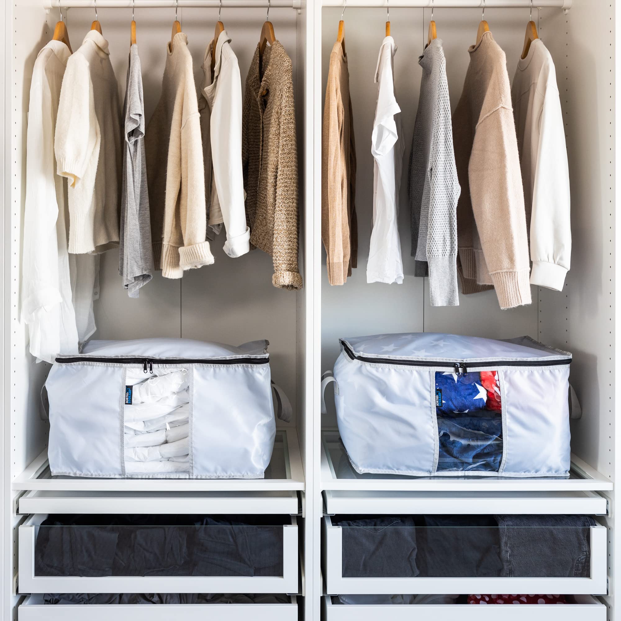 Summer & Winter Clothes Storage Bags with Zipper – 90L Closet Declutter Organizer Collapse Storage Bins for Comforter, Blanket, Bedding – Reinforced Fabric Clothing Storage Bags – Gray, 6 Pack