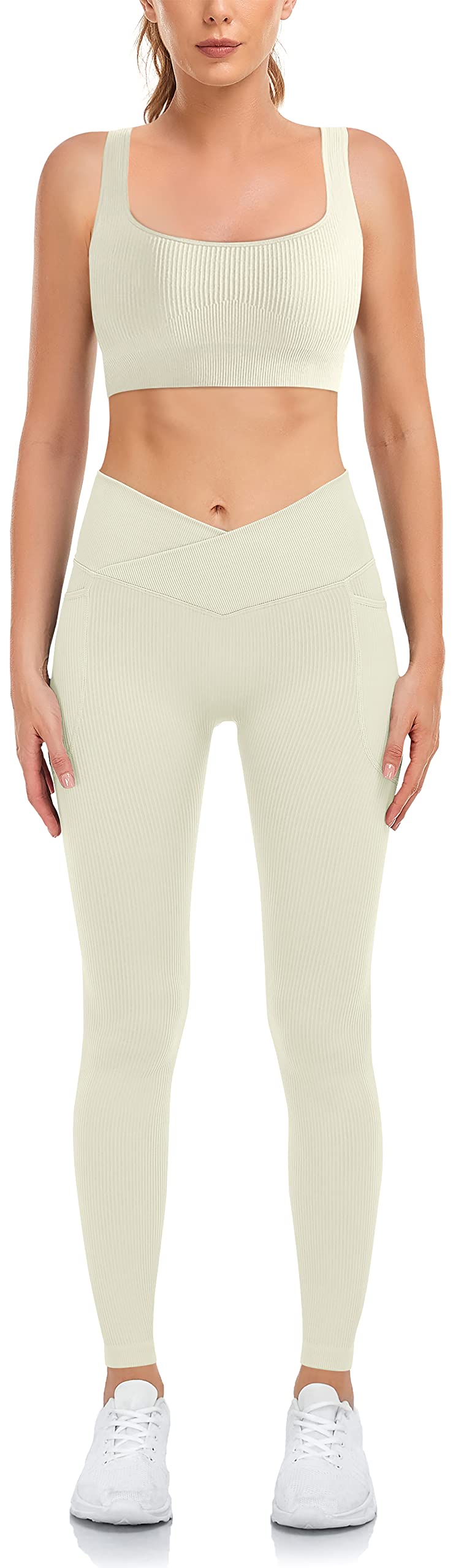 Women's Yoga Workout Seamless Sets with Ribbed,2 Piece Set with Ribbed Scooped Neckline Top