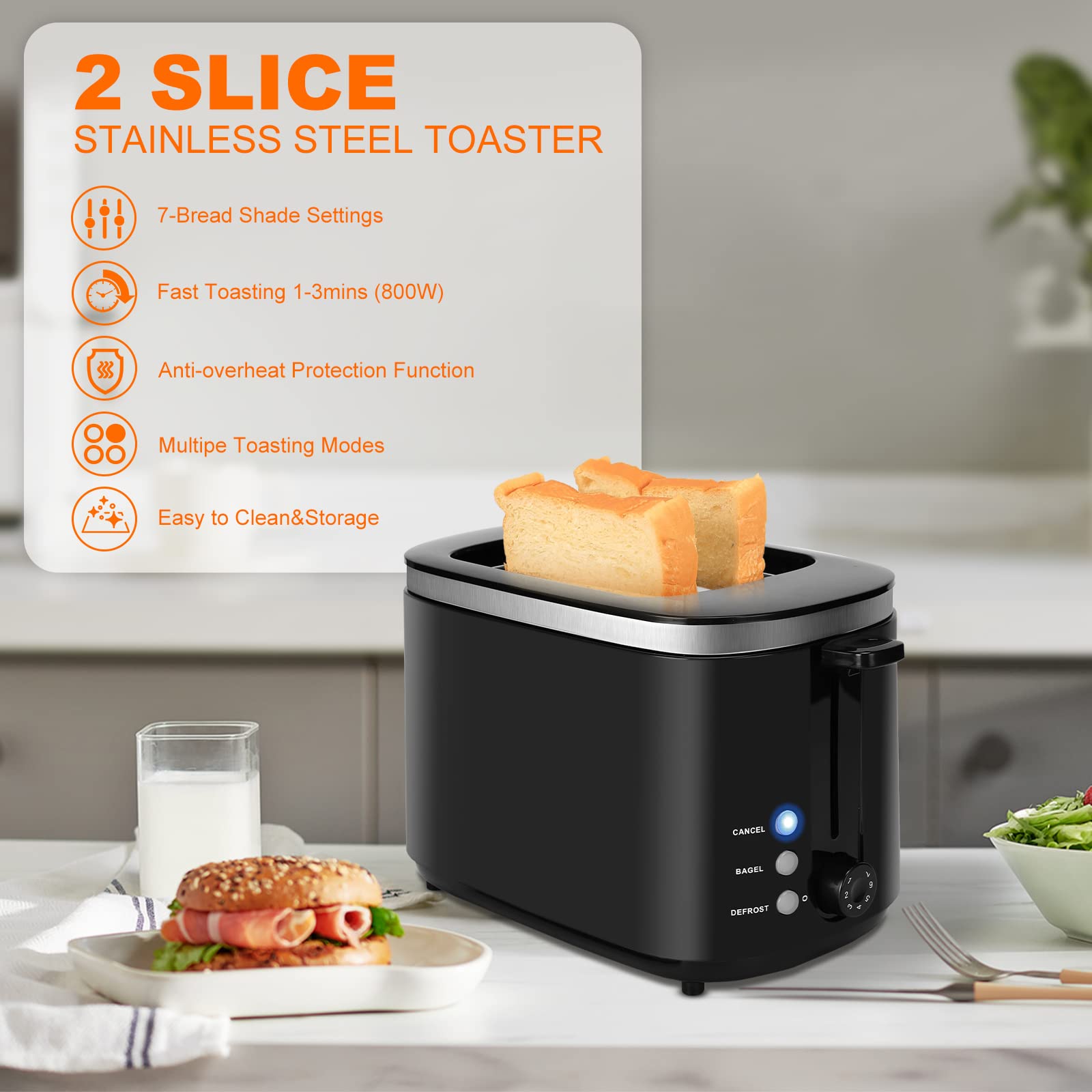 Toaster 2 Slice Best Rated Prime Stainless Steel 2 Slice Toasters Extra Wide Slot Toasters 7 Shade Settings Defrost/Bagel/Cancel with Removable Crumb Tray for Bread, Waffles, Small Retro Toaster