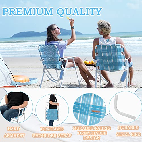 WEJOY 4 Pack Set Lightweight Folding Webbed Beach Chairs Webbing Beach Chair Web Lawn Chair Portable Chairs High Back Fold up Outdoor Chairs with Shoulder Strap for Patio Garden Concert Sand Blue/Grey