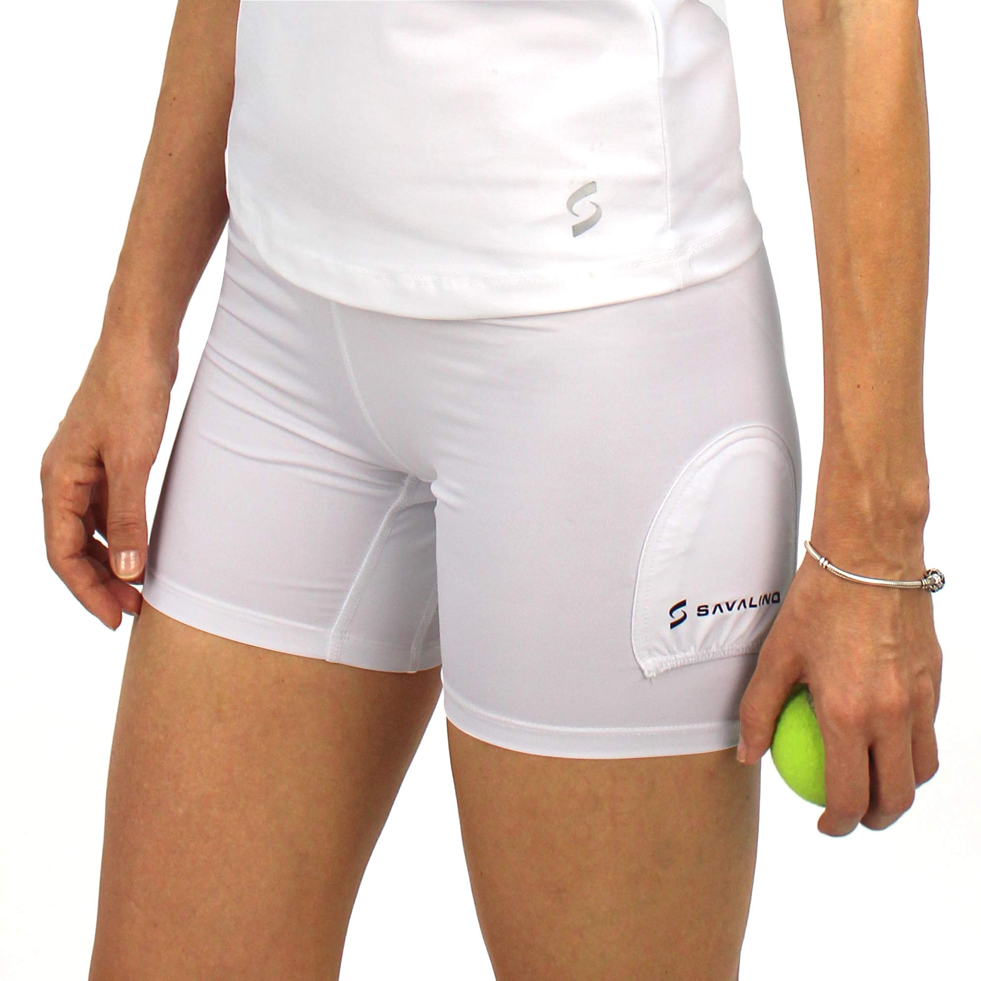 SAVALINO Women's Under Shorts- Compression Shorts for Gym & Workout Clothing, Tennis Shorts with Ball Pockets, Small, White