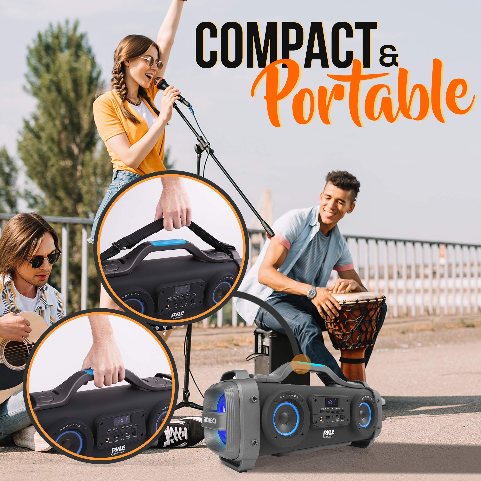 Pyle Wireless Portable Bluetooth Boombox Speaker - 800W Rechargeable Boom Box Speaker Portable Barrel Loud Stereo System with AUX Input, USB, 1/4", Fm Radio, 4" Subwoofer, DJ Lights - PBMSPG148, Black
