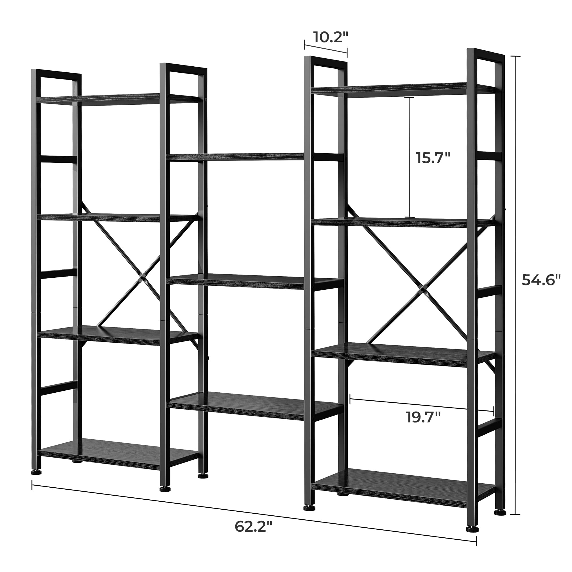 SUPERJARE Triple 5 Tier Bookshelf, Bookcase with 14 Open Display Shelves, Ladder Bookshelf, Wide Book Shelf Book Case with Steel Frame, Wood Board, for Home & Office, Dark Brown