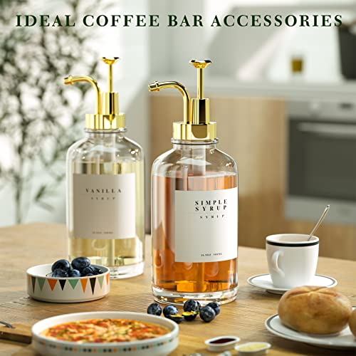 TIMIFTE Coffee Syrup Dispenser for Coffee Bar Accessories,Coffee Pump Dispenser, Glass Syrup Bottle with Gold Pumps and 42 Labels, 16.9 oz 500 ml (4 Pack)