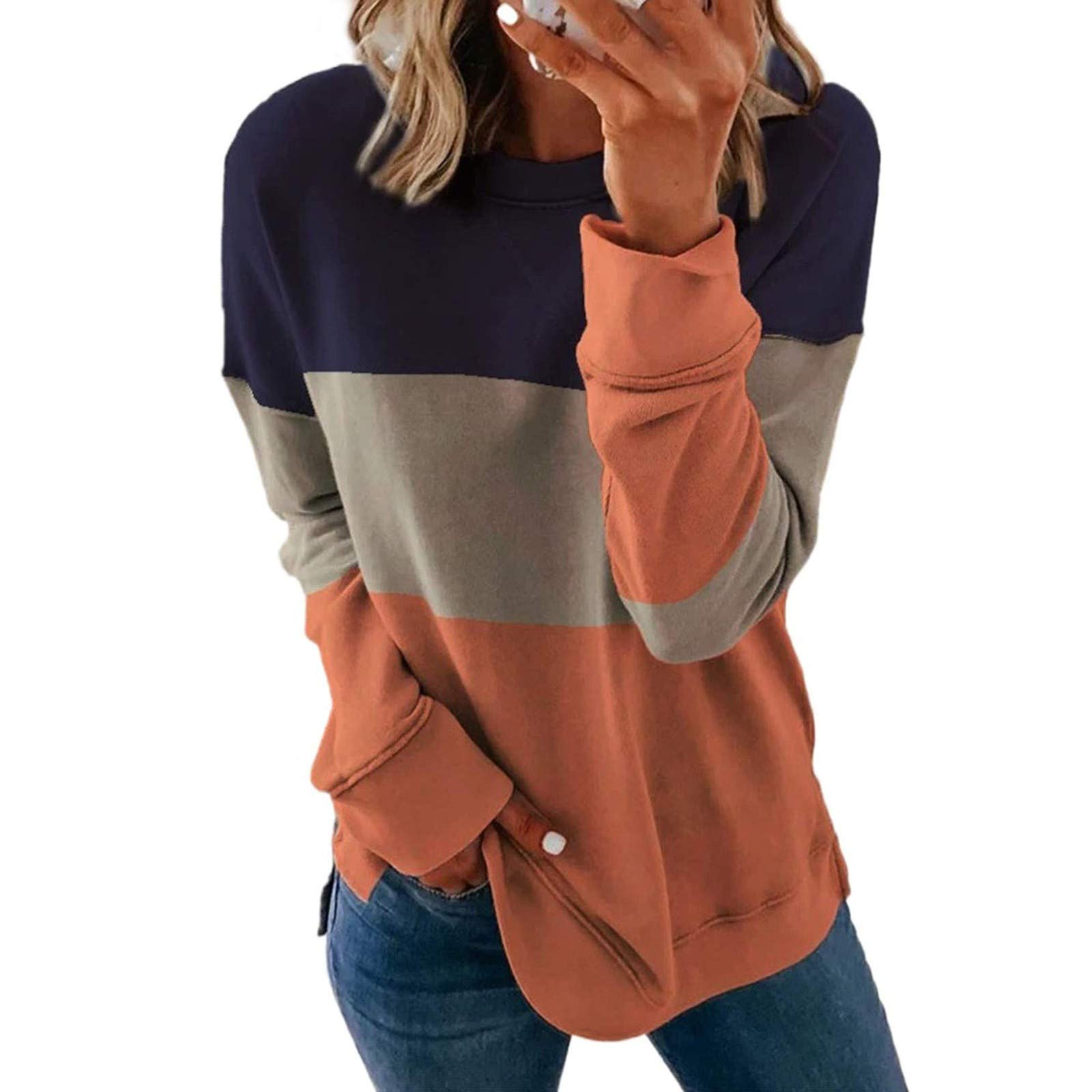 Womens 2022 Fall Clothes Plus Size Fashion Crewneck Sweatshirt Striped Pullover Tops Long Sleeve Classic Loose Shirts