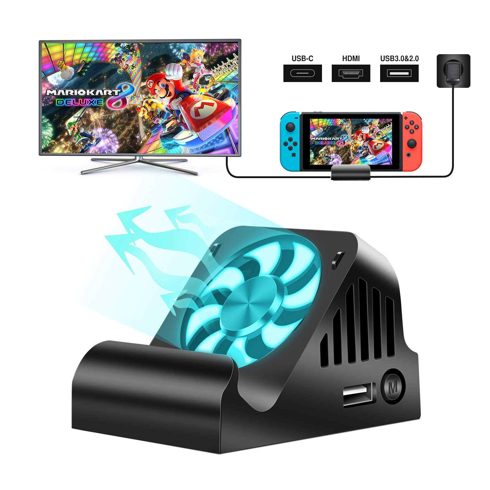 UeeVii Switch Dock, Docking Station with Cooling Fan Compatible with Nintendo Switch, Portable Switch TV Dock Charger Stand 4K HDMI Adapter USB 3.0
