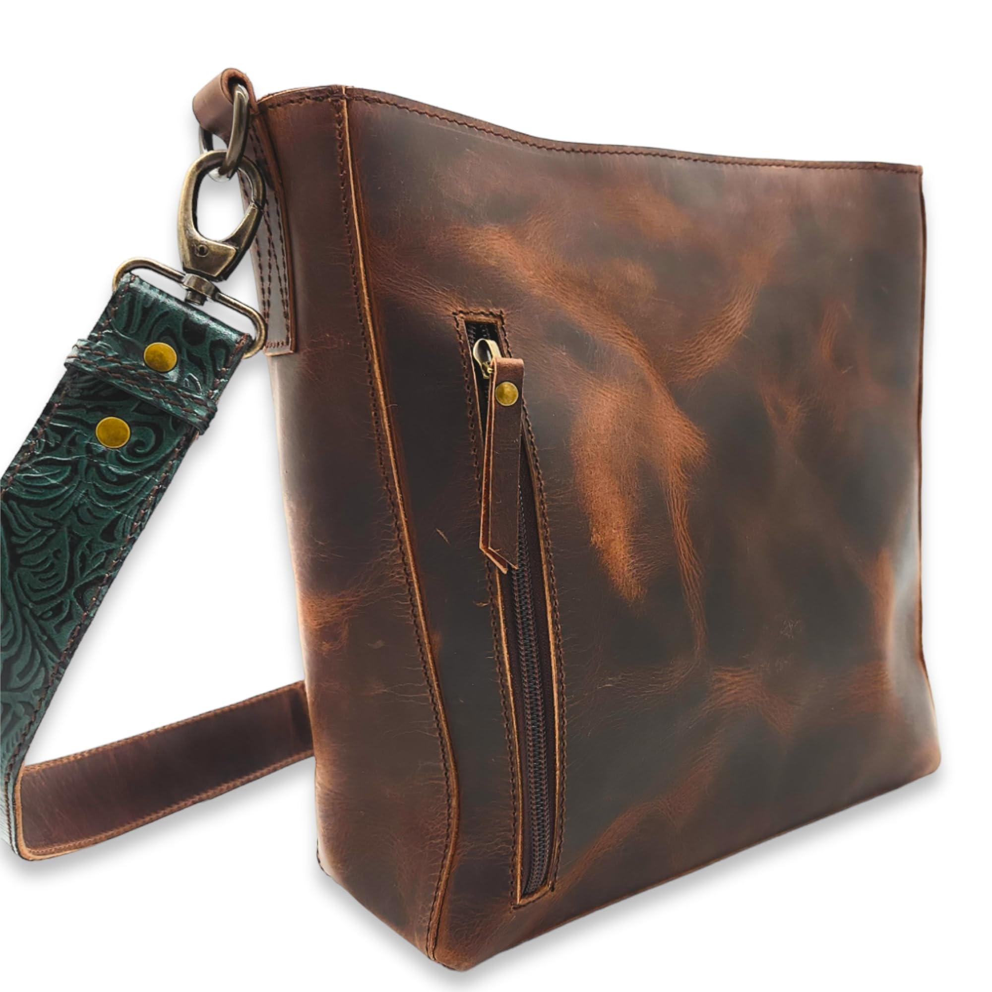 Ranch Junkie Handcrafted Rancho Leather Tooled Belt Strap Purse With Interchangeable Leather Strap (Tooled Turquoise And Vintage Brown)