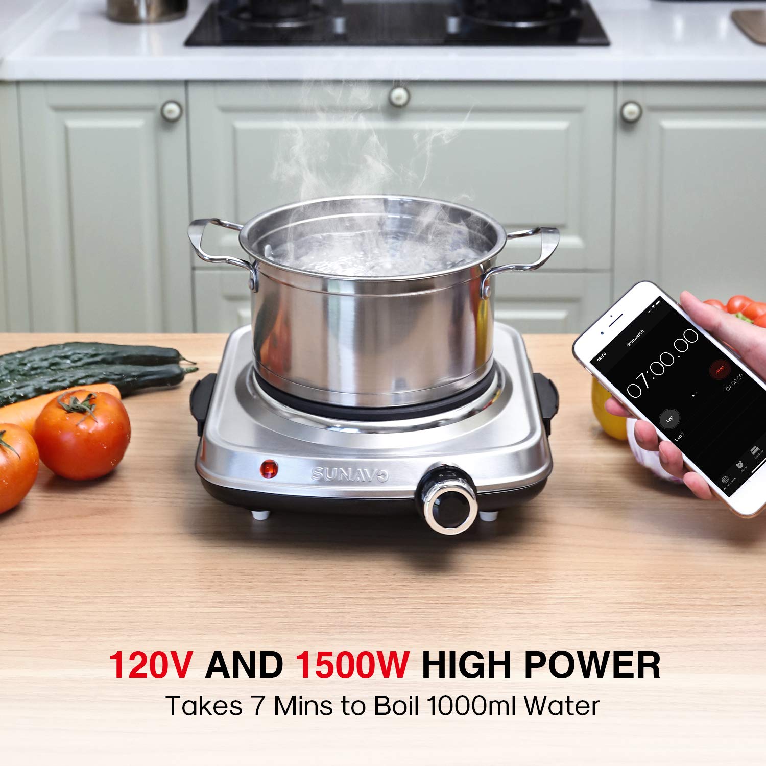 SUNAVO 1500W Hot Plates for Cooking, Electric Single Burner with Handles, 6 Power Levels Stainless Steel Hot Plate for Kitchen Camping RV and More Silver