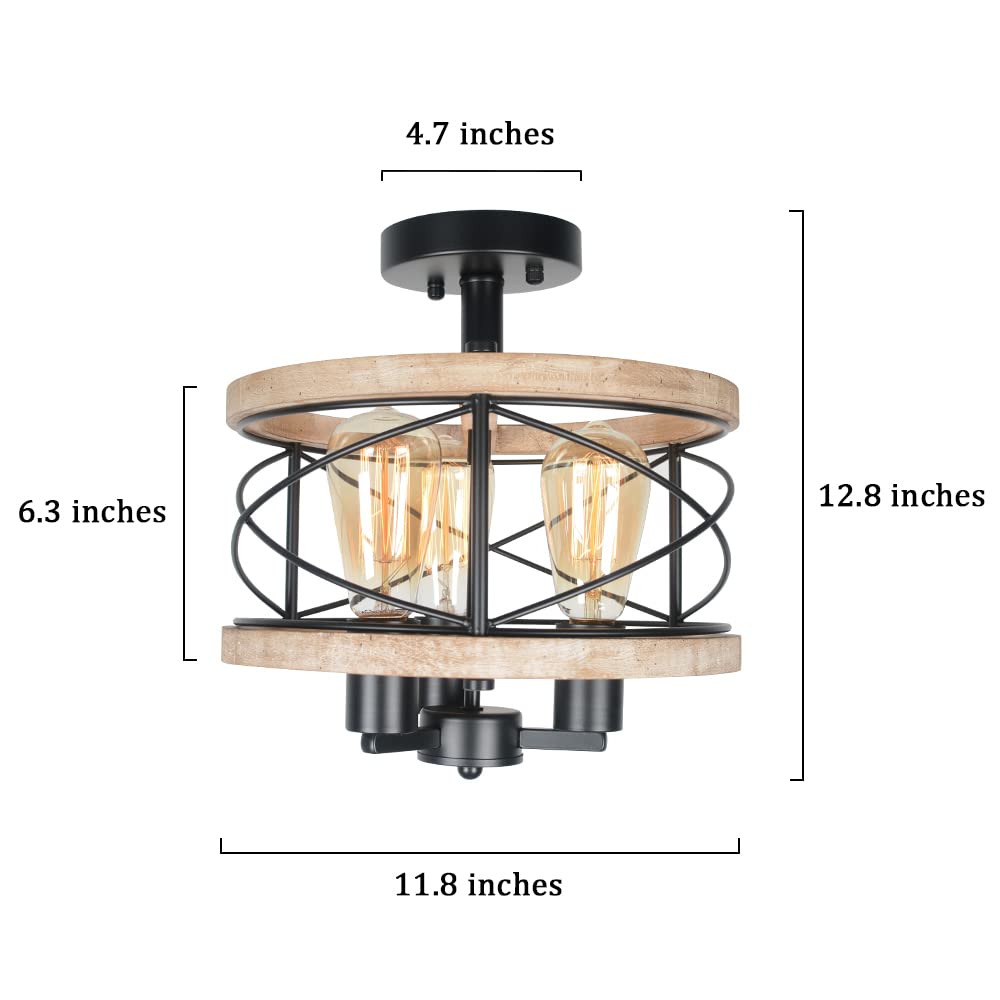 Round Rustic Semi Flush Mount Ceiling Light, Wood Farmhouse Kitchen Light Fixture Black Metal Industrial Bathroom Bedroom Cage Ceiling Lighting 3 Lights Edison E26 17121B