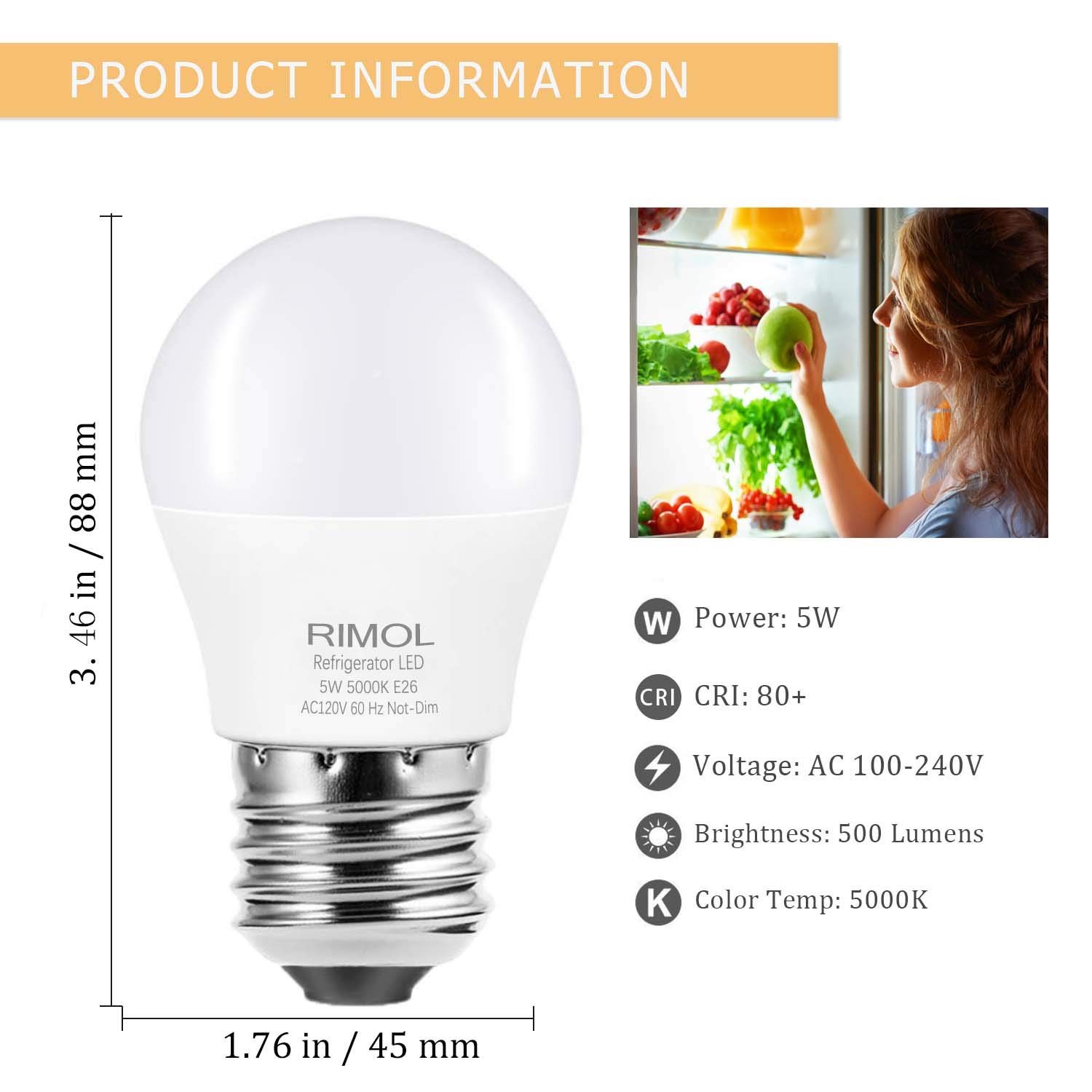 RIMOL Refrigerator Light Bulb, 40W Equivalent 120V A15 LED Fridge Bulbs 5 Watt Daylight White 5000K E26 Medium Base, Energy Saving Freezer Ceiling Home Lighting, Not-Dim, Waterproof, 2 Pack