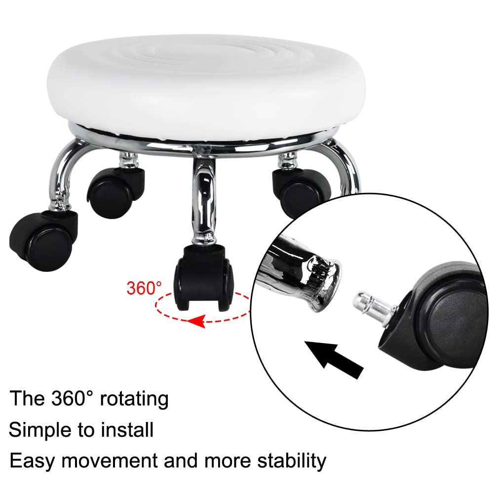 WKWKER Modern Roller Seat PU Leather Low Round Rolling Stool 360° Swivel Small Stool with Universal Caster Wheels Foot Stool for Home Office Garage Shop Fitness Sport H:8.4" (White)
