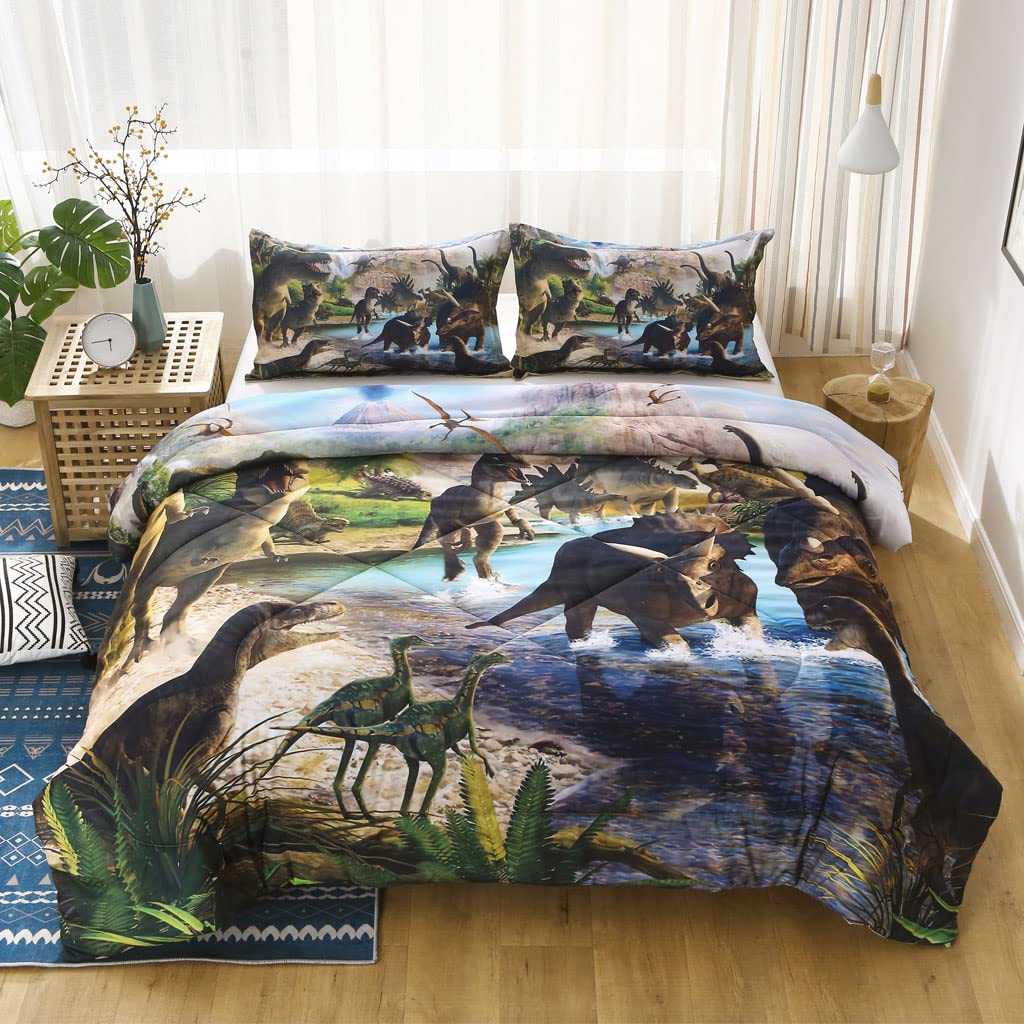 SIRDO 3 Piece Bed Sets for Boys Kids Twin Size 3D Dinosaur Prints Comforter Sets-Super Soft Fade Resistant Microfiber Duvet Sets