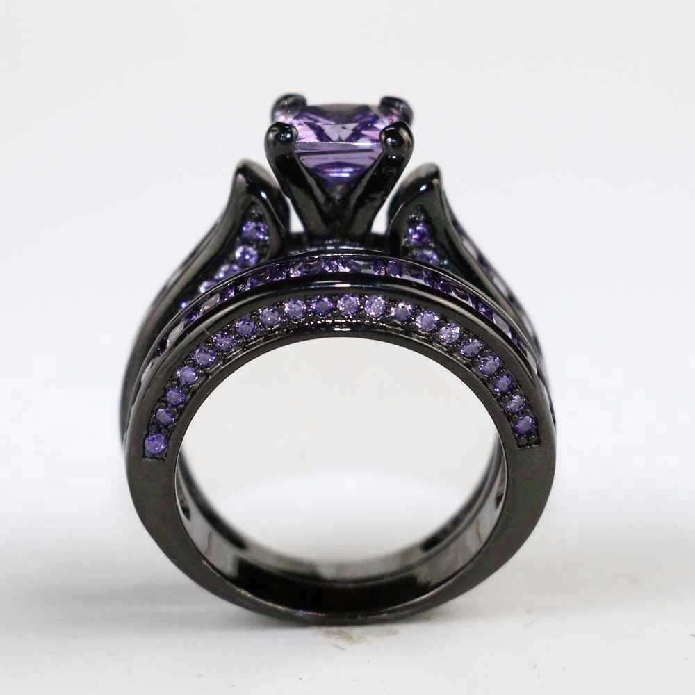 ringheart Luxury Couple Rings Black Gold Filled Princess Cut Purple Cz Womens Wedding Ring Sets Man Tungsten Wedding Band