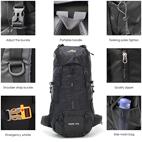 WintMing 75L Hiking Backpack with Rain Cover Waterproof Camping Backpack Shoes Warehouse for Men Women, Frameless (black)