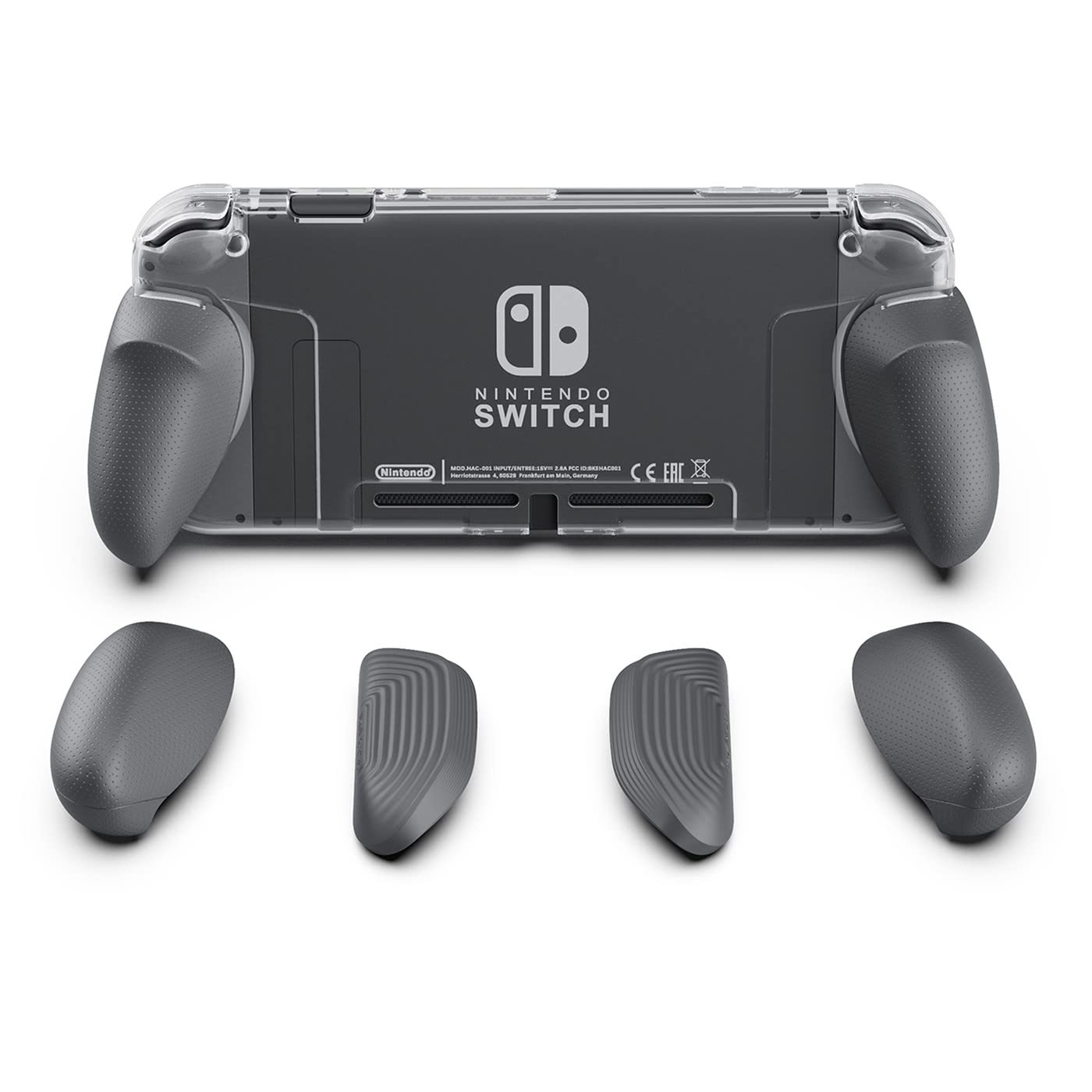 Skull & Co. GripCase Crystal: A Dockable Transparent Protective Cover Case with Replaceable Grips [to fit All Hands Sizes] for Nintendo Switch [No Carrying Case] - Gray