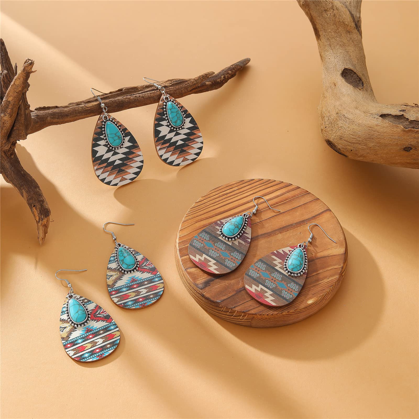 Western Cowgirl Wooden Earrings Set Boho Aztec Pattern Turquoise Earrings Handmade Wood Teardrop Dangle Earrings