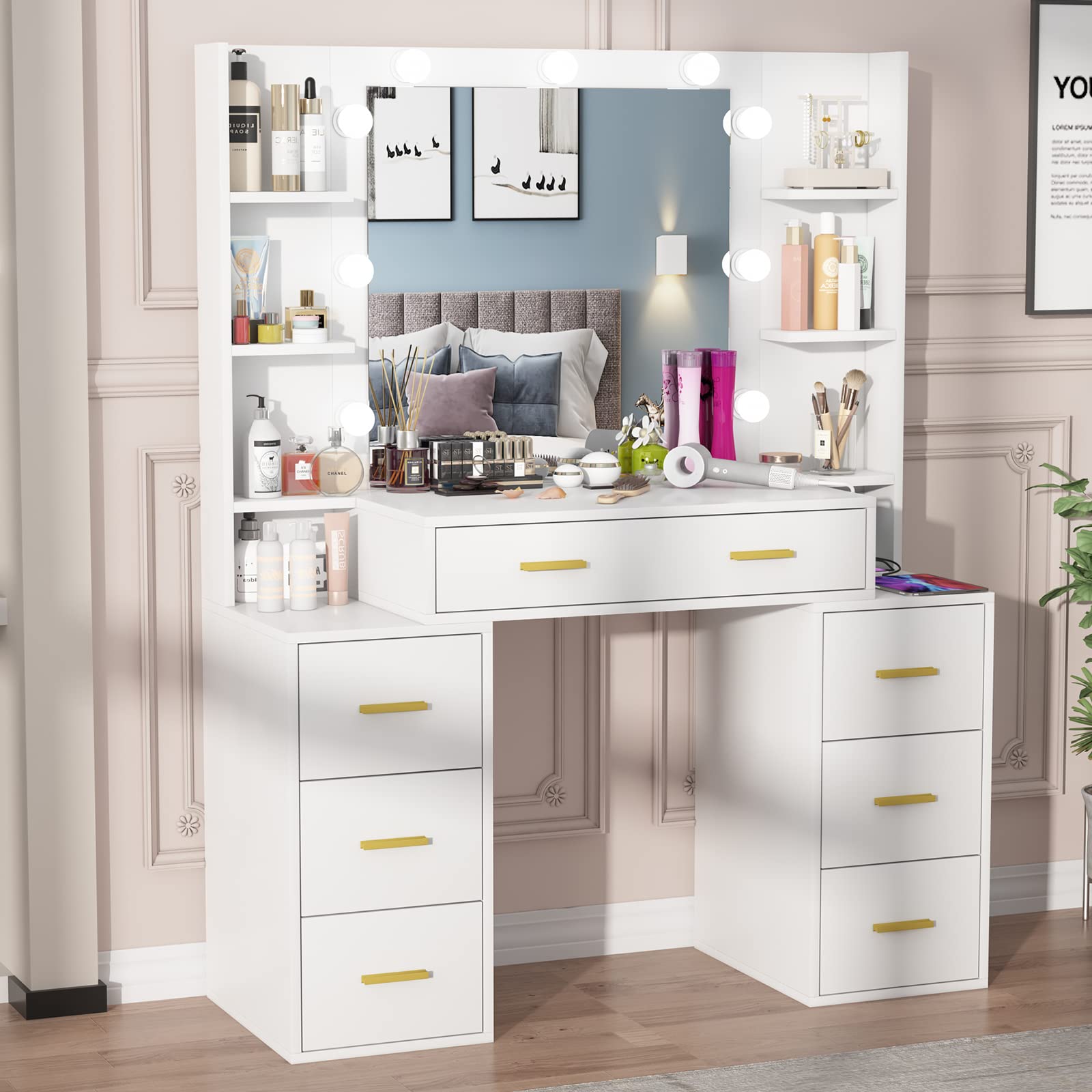 PAKASEPT Vanity Set with Lighted Mirror, 43'' Makeup Vanity with Charging Station, Vanity Desk with 9PCS LED Bulb, Storage Shelves, 7 Drawers for Bedroom(No Stool)