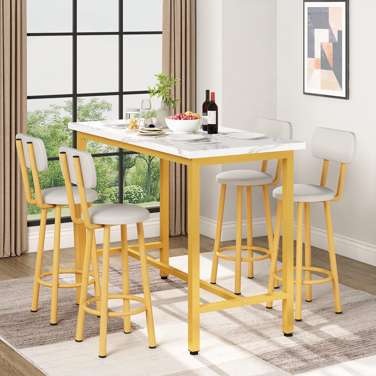 Recaceik Dining Table Set, 43.3β Rectangle Pub Bistro Dining Set Kitchen Table Set Bar Table with Backrest Stools, 5-Piece Breakfast Table Set with Metal Frame for Dining Room w/ 4 Chairs-Gold