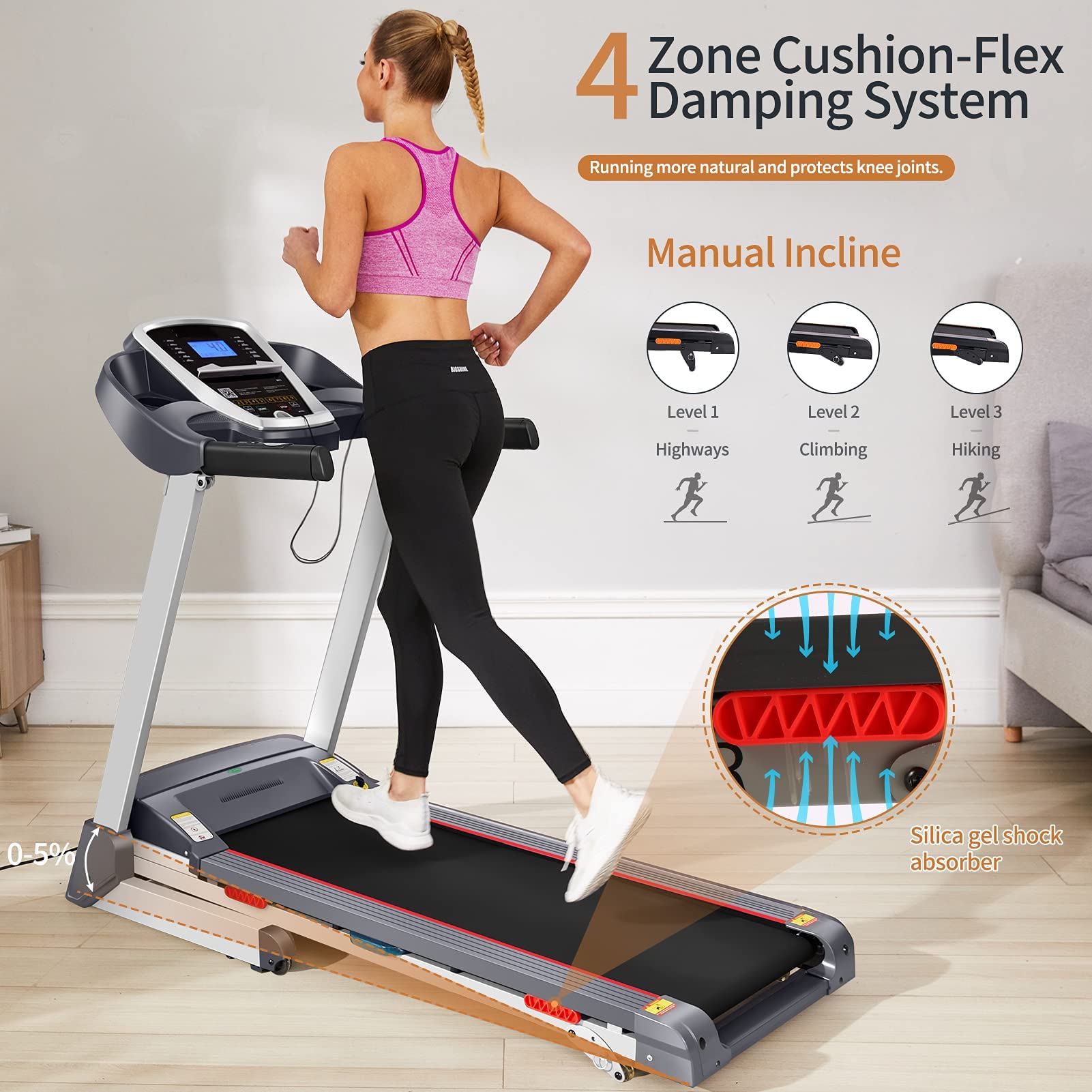 Treadmill 300 lbs with Auto/Manual Incline for Home, 3.25 HP Folding Treadmill with APP, 9 MPH Running Machine for Home/Gym with Shock Absorber, Bluetooth Speaker/LCD/Pulse Monitor, 12 Programs (Gray)
