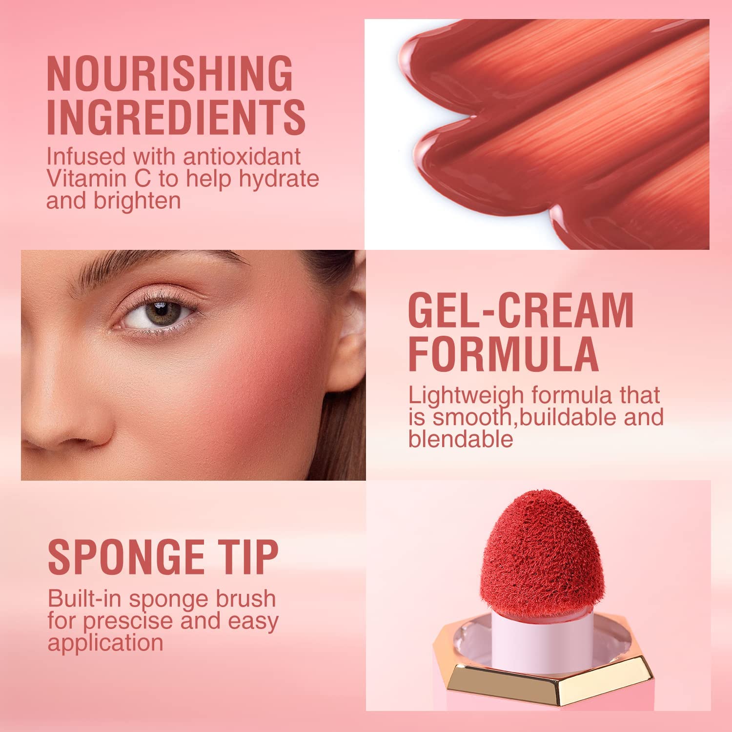 TOSOUATOP Liquid Blush, Soft Cream Blush Makeup with Cushion Applicator for cheeks, Natural Glossy, Improve Complexion, Long-Wearing, Blush Makeup for Face, Eyes and Lips, 01#Lucky Pink