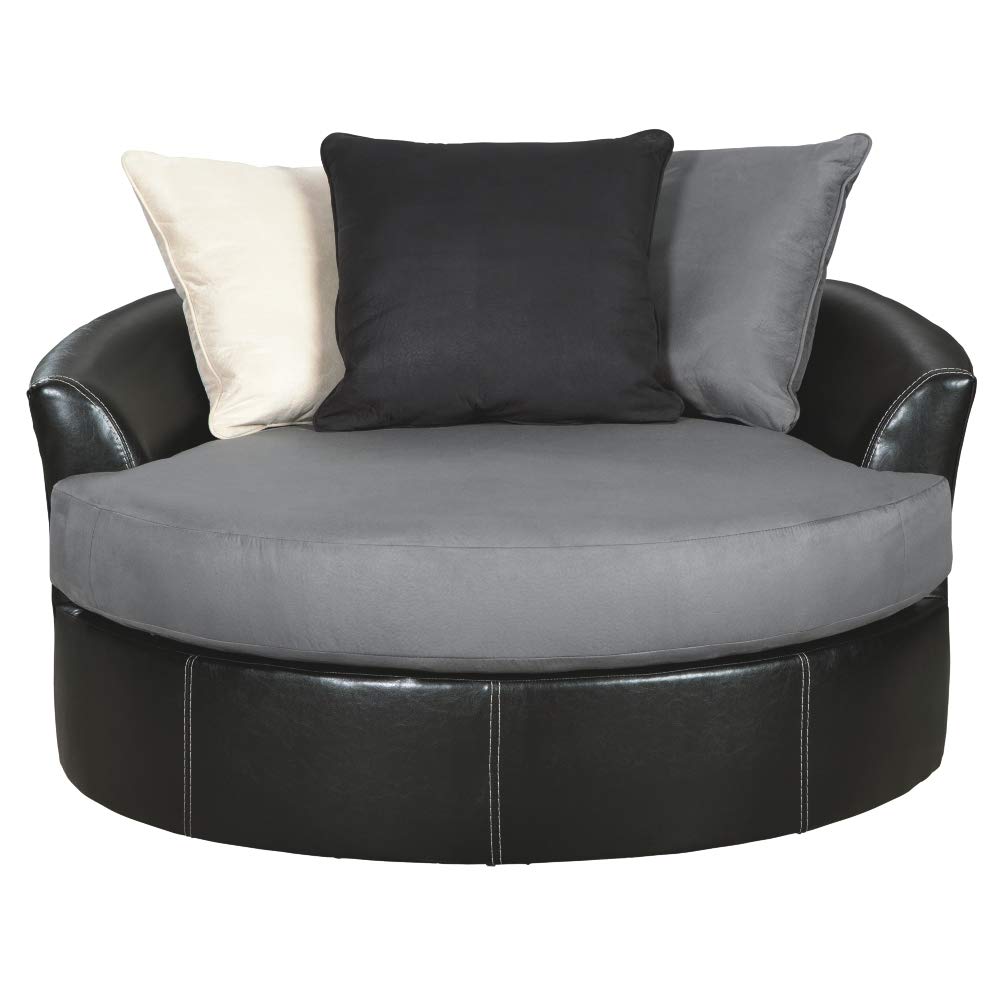 Signature Design by Ashley Jacurso Oversized Swivel Accent Chair with 3 Pillows, Gray & Black