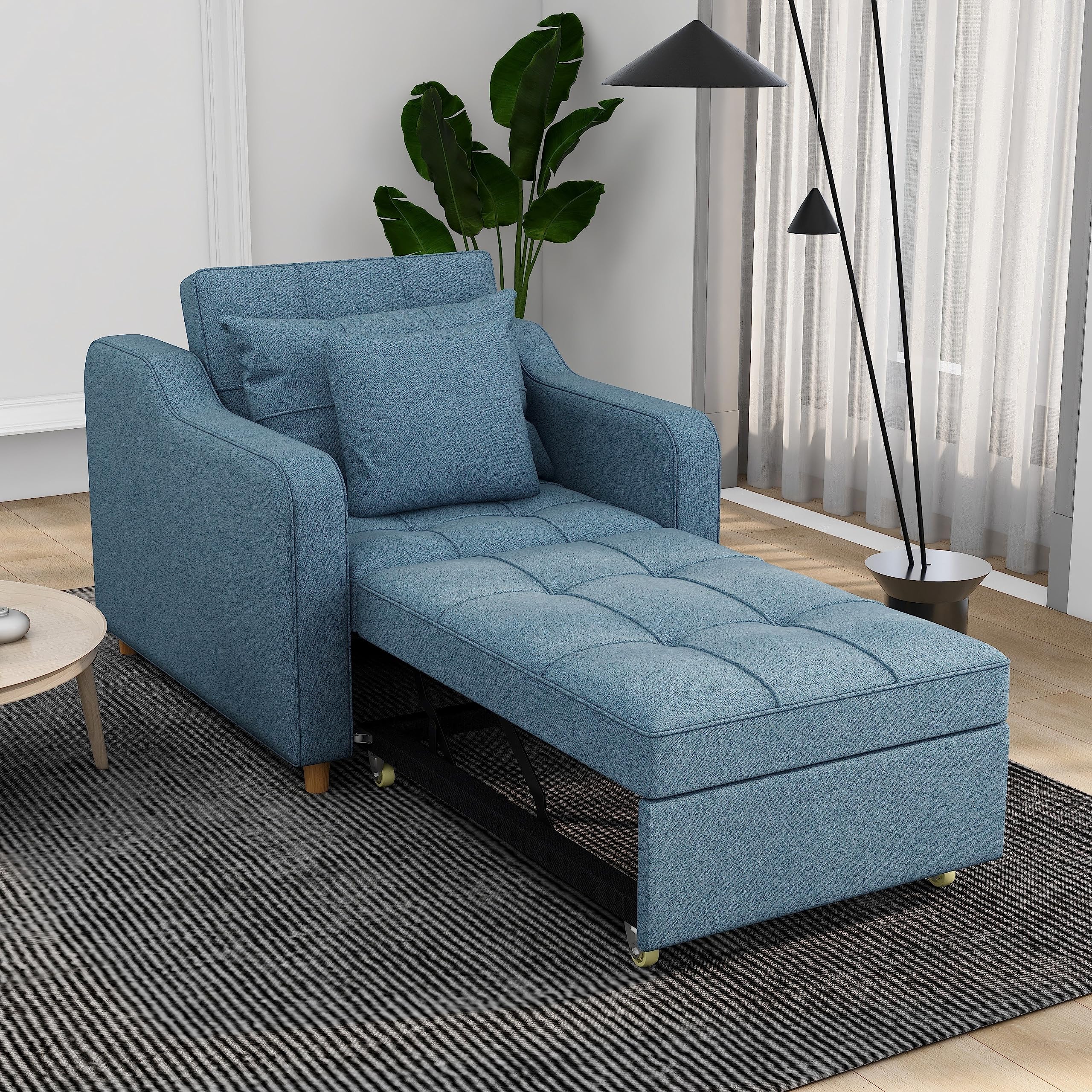 Vicluke Convertible Chair Bed, 3-in-1 Sleeper Chair Bed with Adjustable Backrest, Linen Pull Out Sofa Bed with 2 Pillows, Folding Single Bed Armchair for Apartment, Living Room (Bluish Grey)