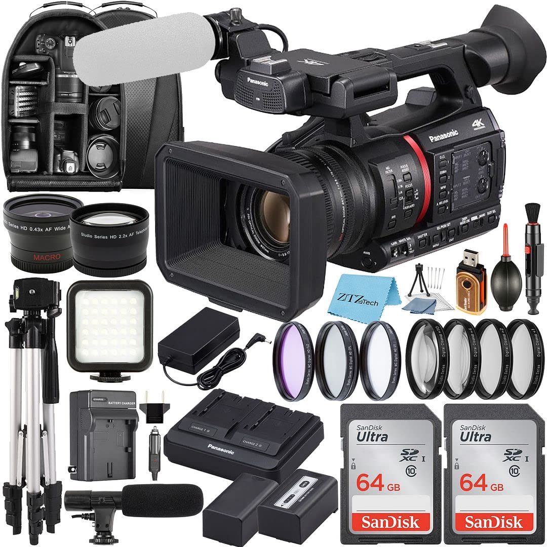 Panasonic AG-CX350 4K Professional Video Camcorder with 2 Pack 64GB SanDisk Memory Card + Case + Tripod + Wideangle Lens + LED Flash + Microphone + Filter Kit + ZeeTech Accessory Bundle