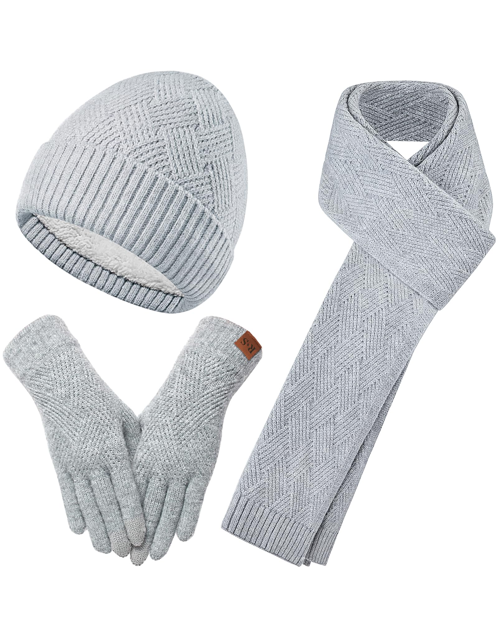 REACH STAR Womens Winter Warm Knit Beanie Hat Touchscreen Gloves Long Scarf Set with Soft Fleece Lined Skull Caps Neck Scarves Mitten 3 in 1 Set Gift for Women