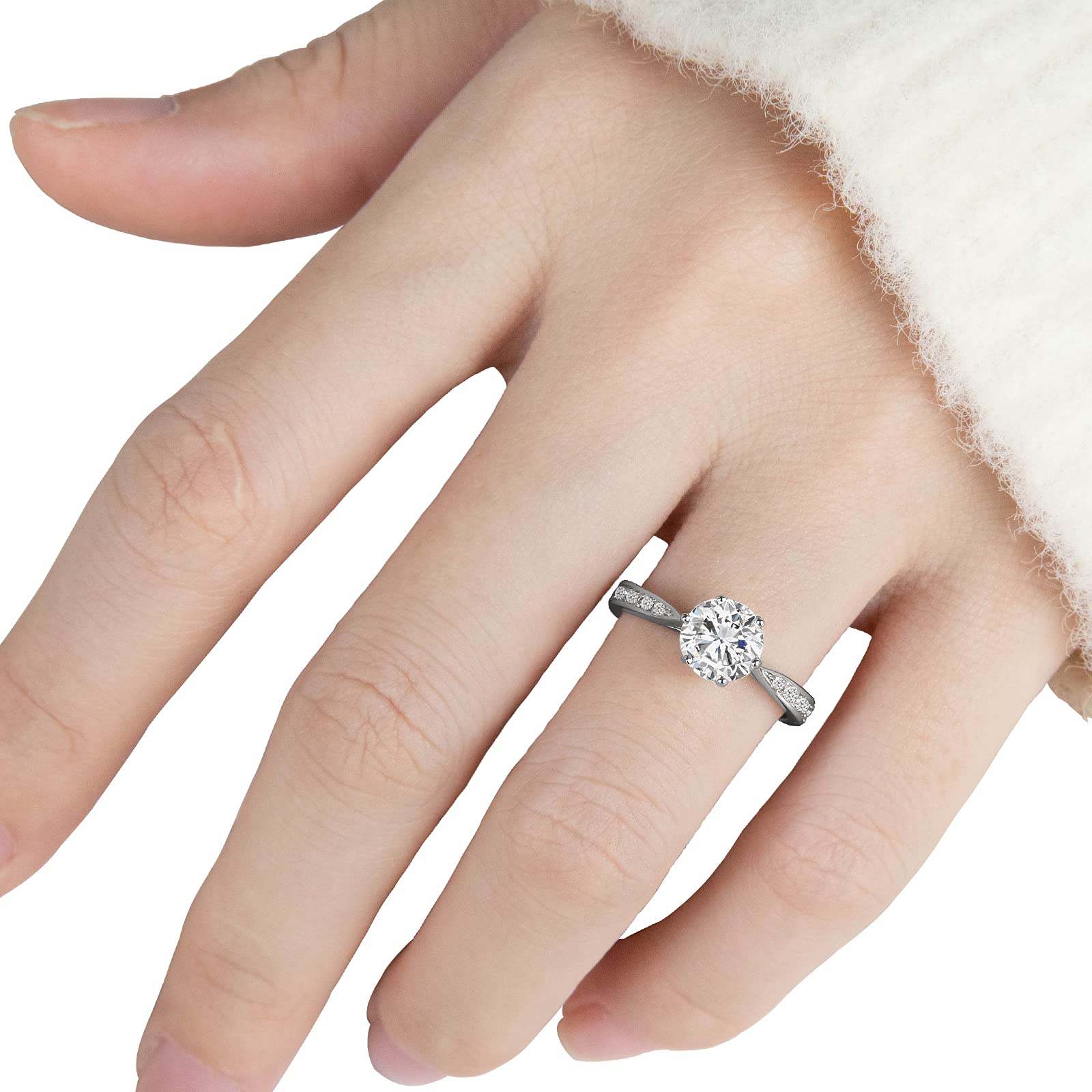 YUPHUNY 1 Carat Round Cubic Zirconia Silver Classic Engagement Ring Ladies Proposal CZ Wedding Ring Size 6-9