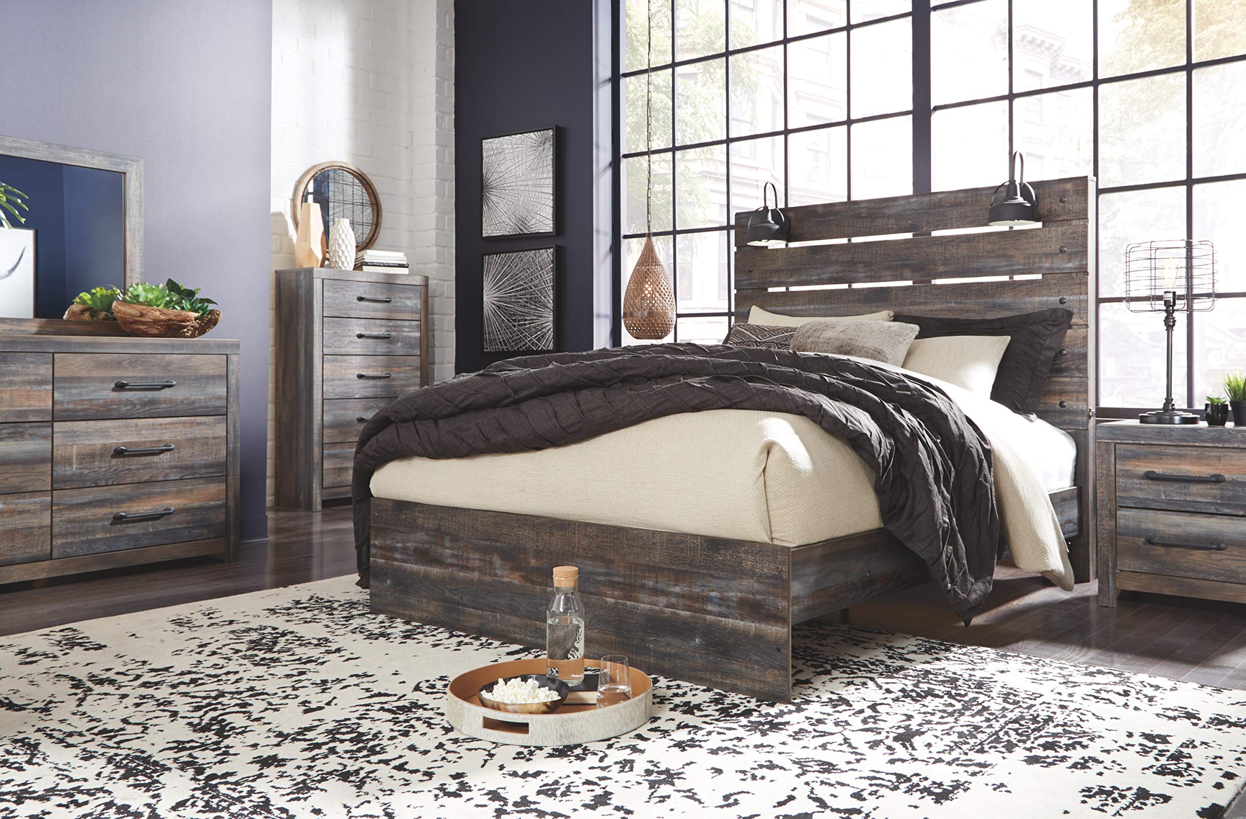 Signature Design by Ashley Drystan Rustic Panel Headboard ONLY with USB Charging Stations, Queen, Brown