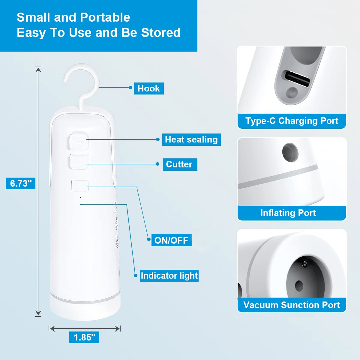 Rechargeable Handheld Vacuum Sealer Machine,4 IN 1 Heat Sealer Cutter Inflation Tool,Portable Mini Food Bag Saver Packing Sealing System for Jars Meat Storage Chamber Chips Snacks(White)