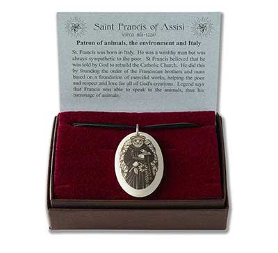 Patron Saints St Francis Porcelain Oval Medal on Braided Cord of Animals, Environment, and Italy