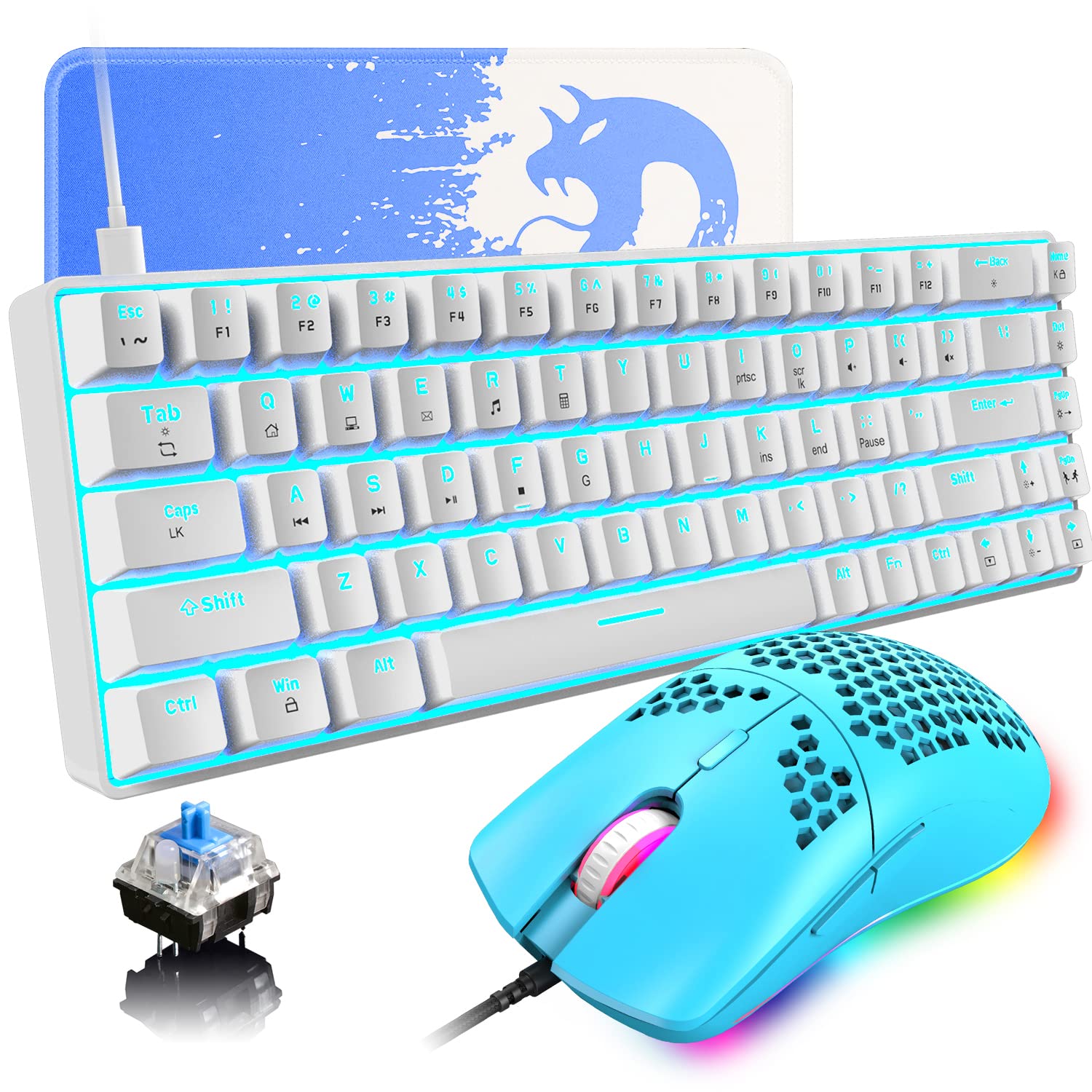 XINMENG 60% Wired Mechanical Gaming Keyboard and Mouse Combo, RGB Backlit 68 Keys Tenkeyless Ultra-Compact Mini Keyboard, 6400DPI Honeycomb Mouse, Anti-ghosting,Type-C Cable for Computer Mac Gamer