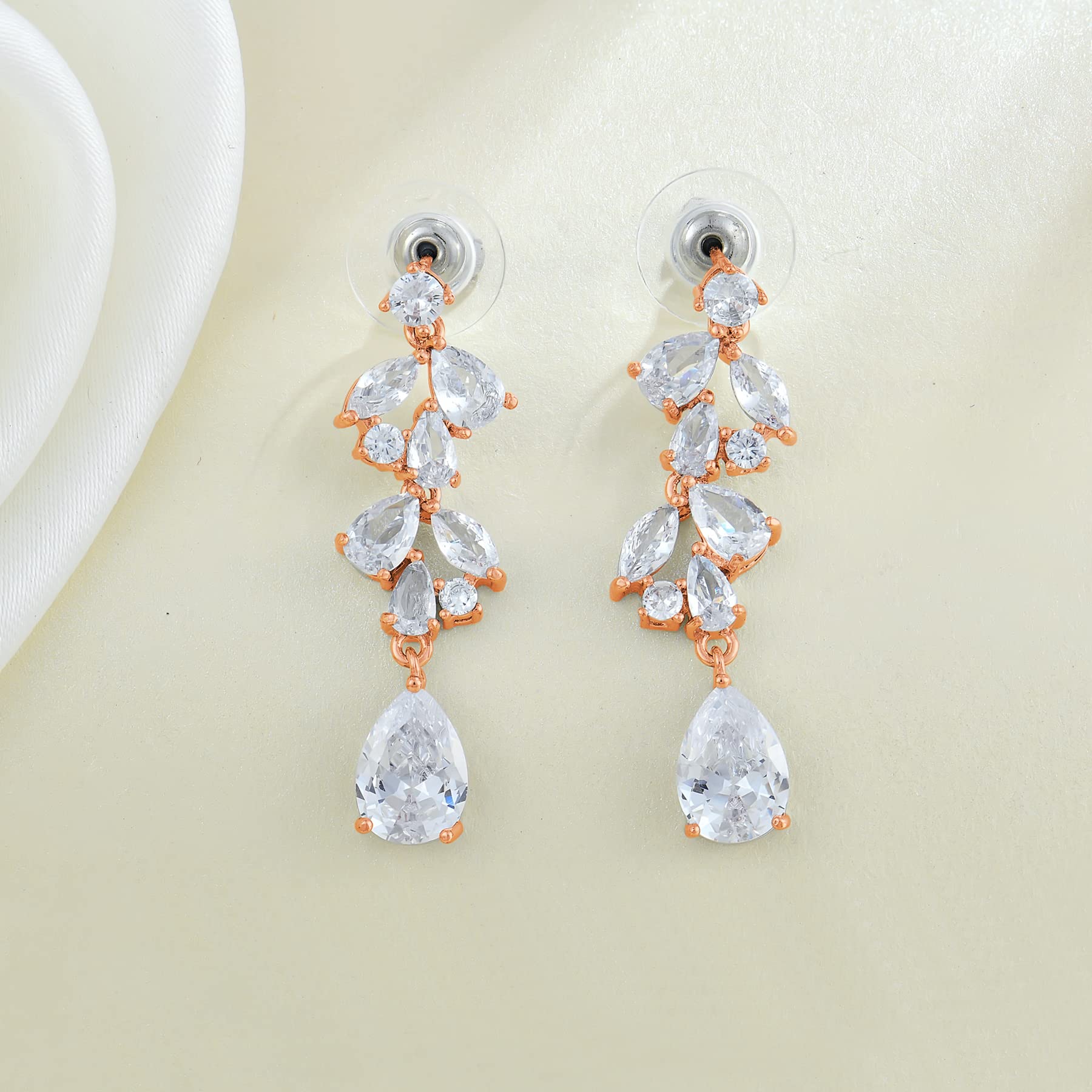 Vankay Women's Wedding Earrings Cubic Zirconia Teardrop Dangle Earrings for Brides Bridesmaids Prom Gifts-Rose Gold