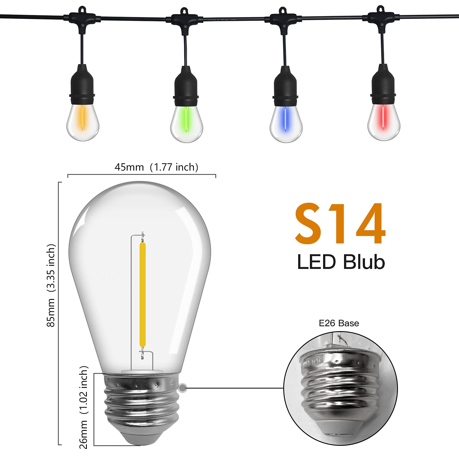 Tayire S14 Colored LED String Light Bulbs, 1W Plastic Shatterproof Waterproof Outdoor LED Replacement Bulbs,E26 Base,CRI80,Red/Green/Blue/Warm/Yellow, 25 Pack
