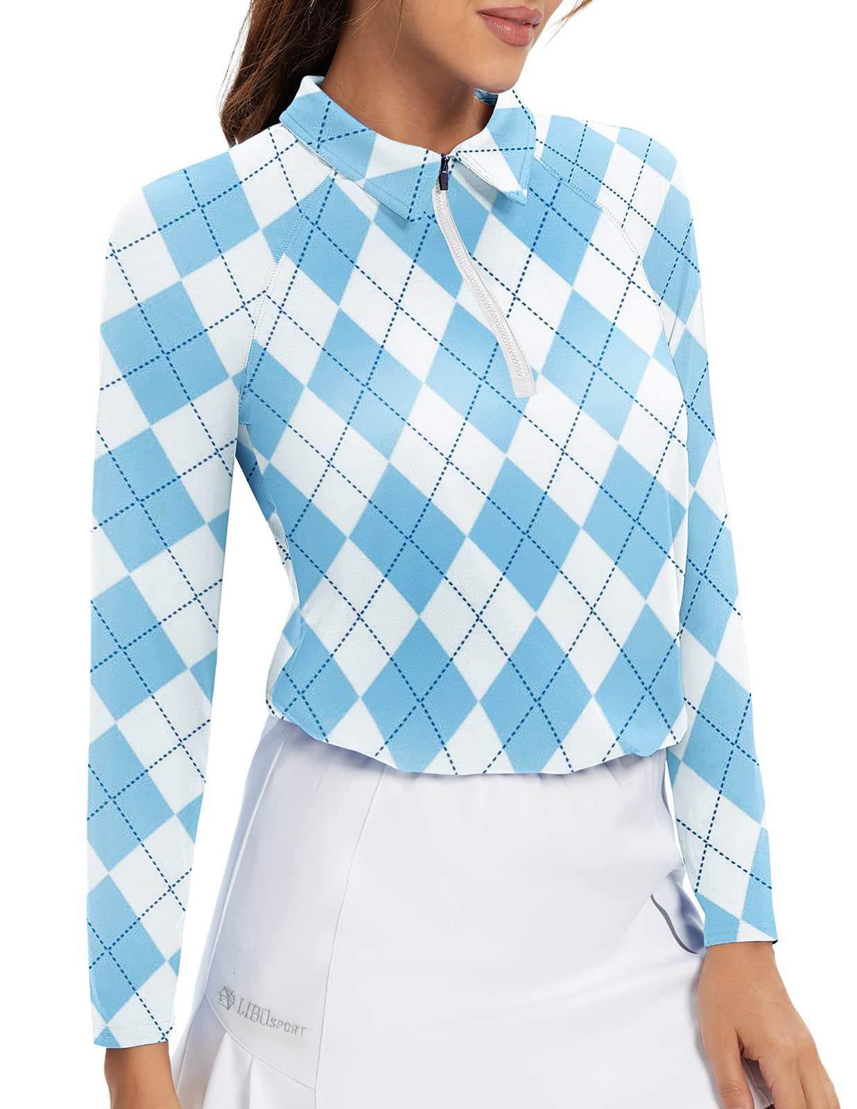Women Long Sleeve Moisture Wicking Sport Golf Polo Shirt Tops(Blue Plaid,S