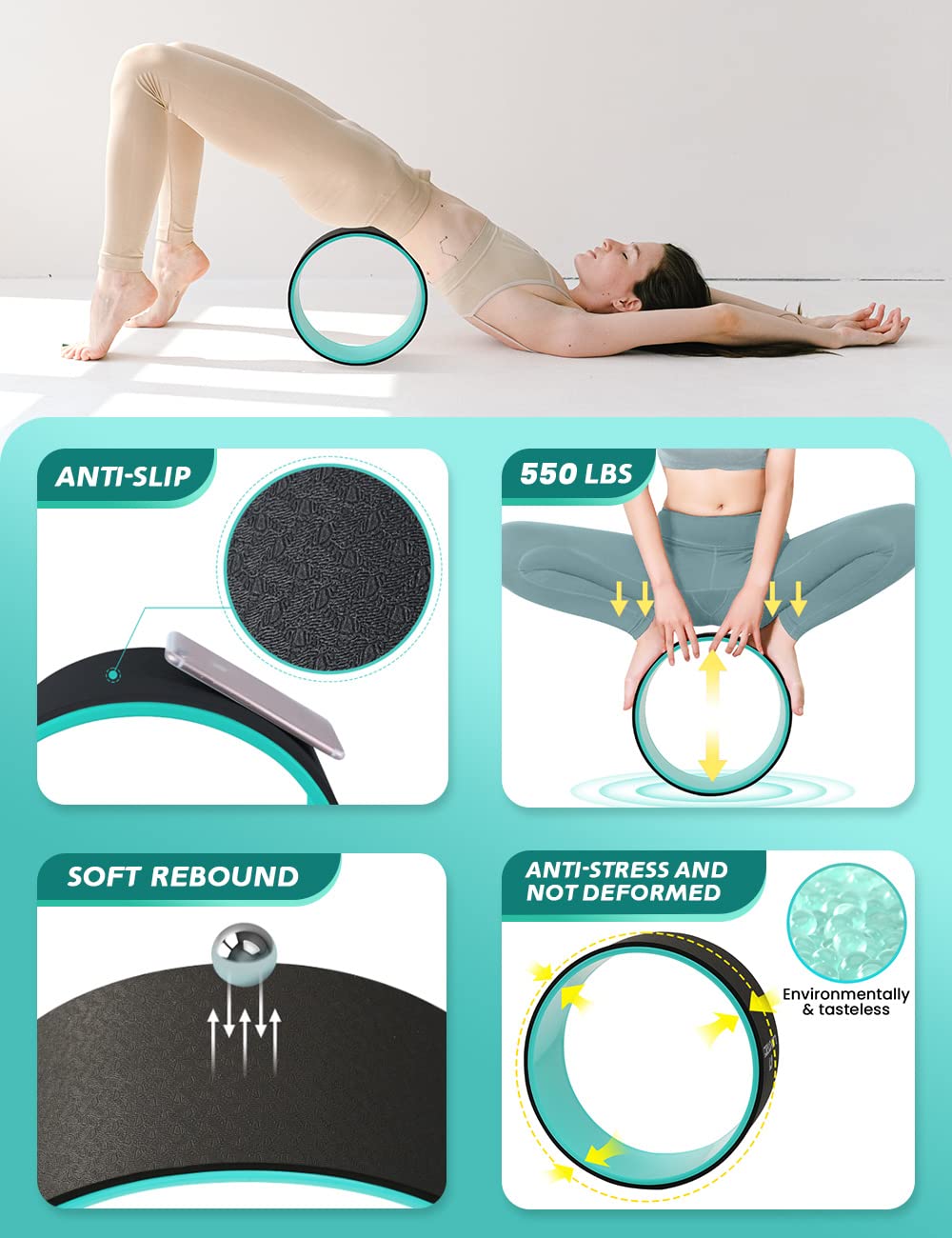 Yoga Wheel Set of 3, Back Roller for Back Pain Relief, Stretching, Multifunctional Back Wheel Improve Flexibility, Strength & Backbends, Deep Tissue Massage, Size 13"/10.5"/6.5''