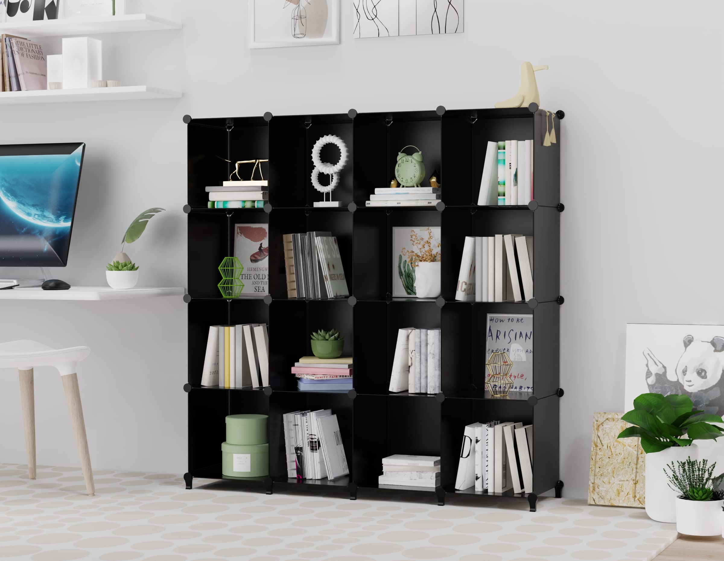 SIMPDIY Storage Modular Cubes 16 Cubes Black (124x124x30cm) Plastic Portable Organizer Bookshelf Shelf Rack