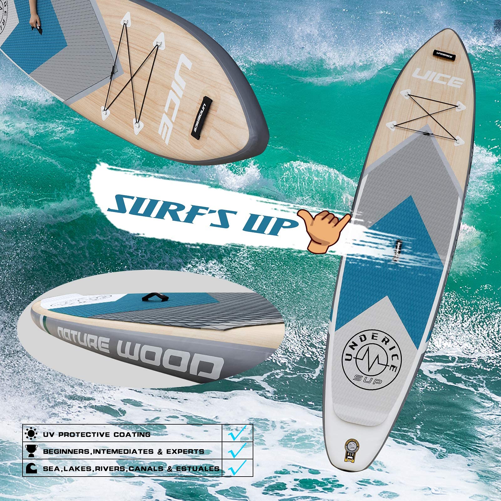 underice Inflatable Stand Up Paddle Board Grey Wood SUP 11' with Oversize Thick Backpack, 9" Smart-Clock Fins, 3-Piece Paddle, 10' Strong Safety Leash, Faster Inflate Deflate Pump