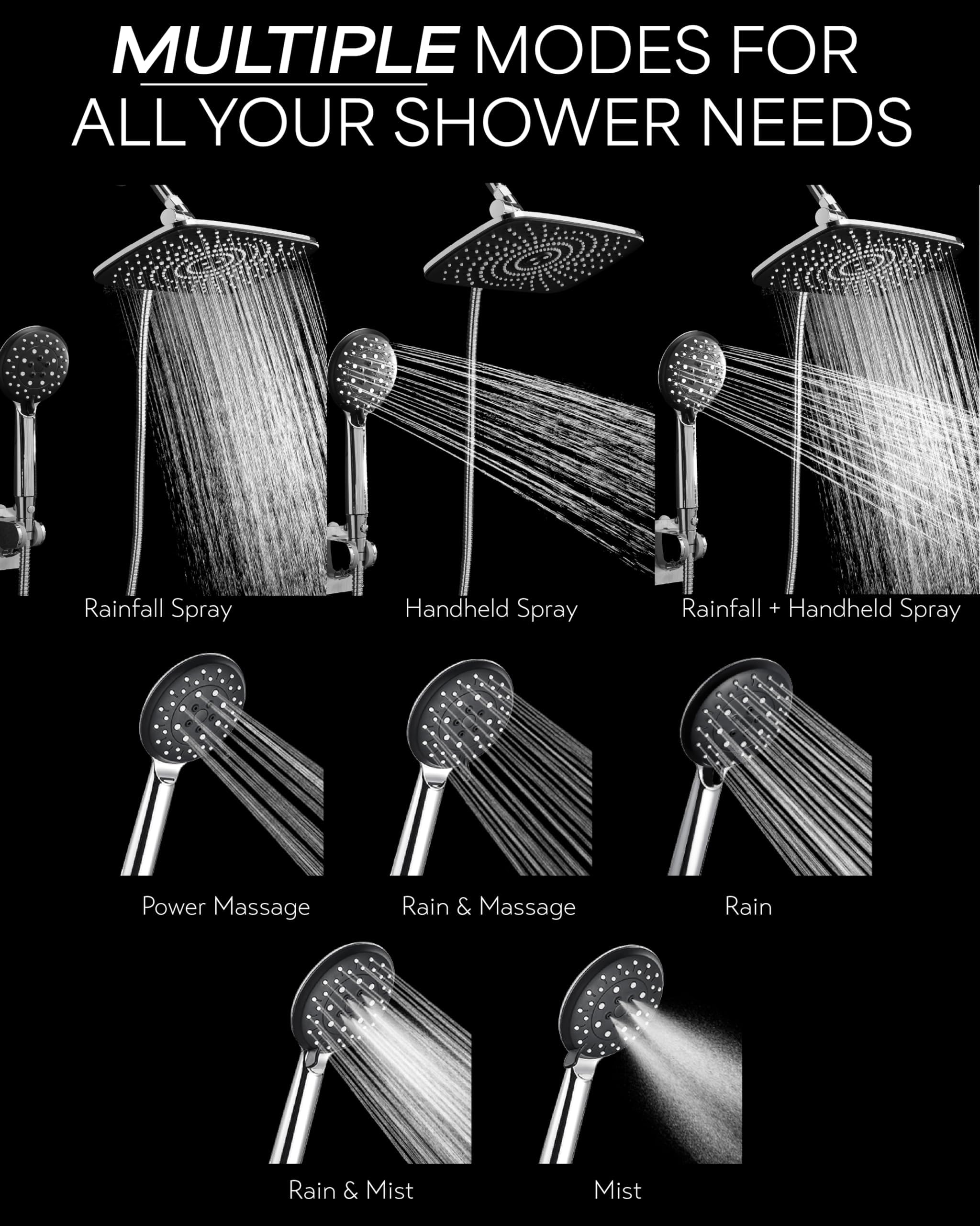 Veken 12 Inch High Pressure Rain Shower Head -Shower Heads with 5 Modes Handheld Spray Combo- Wide RainFall shower with 70" Hose & Bracket- Adjustable Dual Showerhead with Anti-Clog Nozzles - Chrome