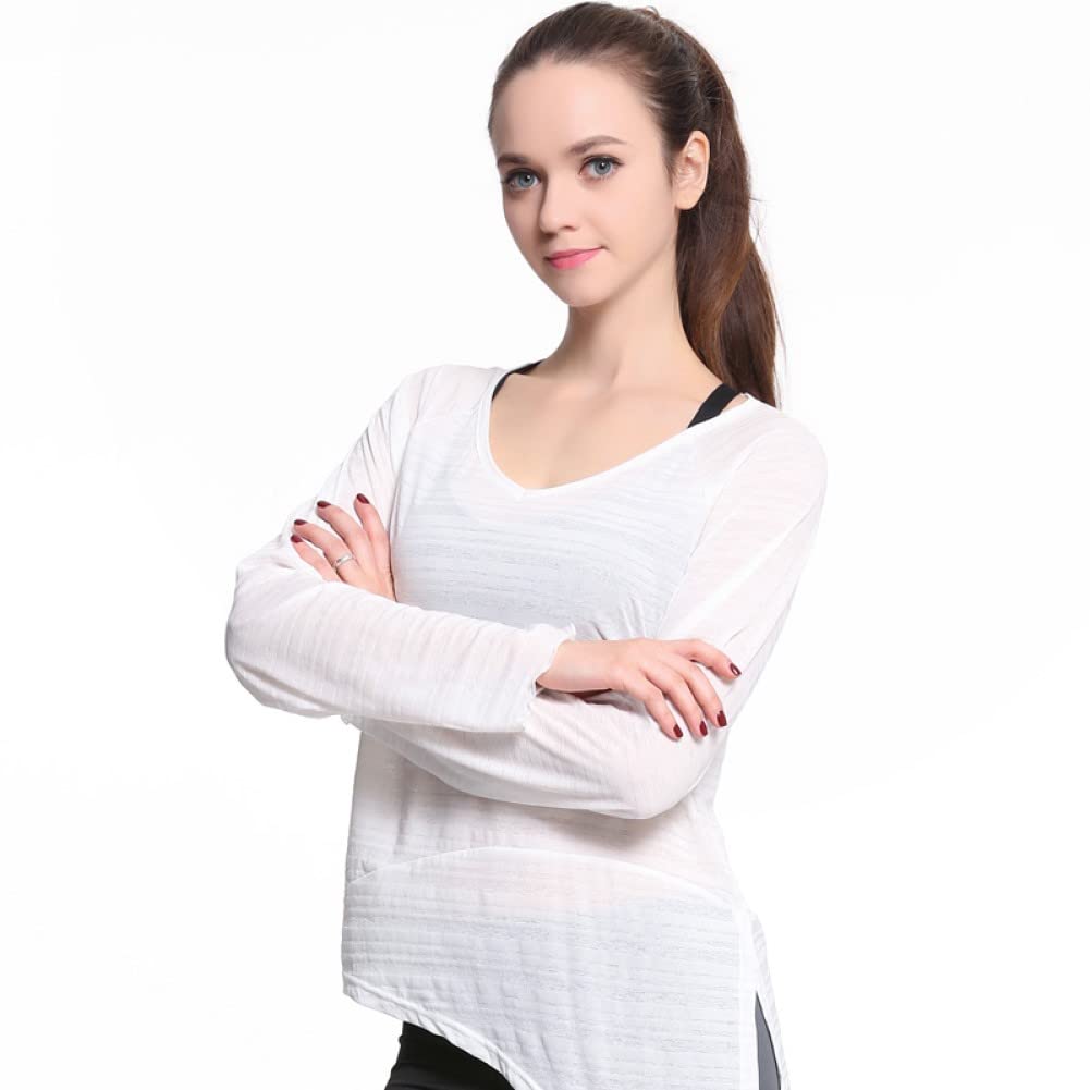 Women Long Sleeve Workout Shirts Loose V-Neck Yoga Tops Quick Dry Breathable Shirts for Women Side Split Design White