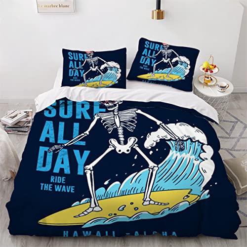 Quilt Cover Twin Size Skeleton 3D Bedding Sets Surfer Duvet Cover Breathable Hypoallergenic Stain Wrinkle Resistant Microfiber with Zipper Closure,beding Set with 2 Pillowcase