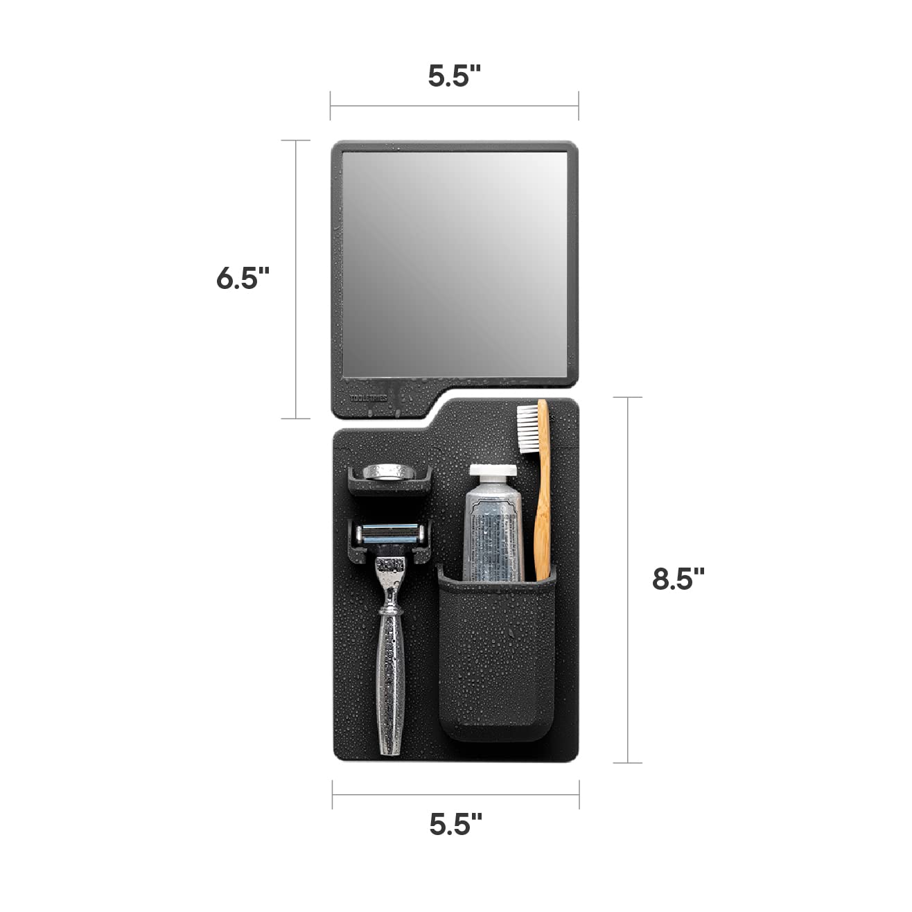 Tooletries - The Harvey & Oliver Set - Silicone Shower Toothbrush Holder and Razor Holder with Anti Fog Mirror - Silicone Shower Organizer - Removable & Reusable - Charcoal