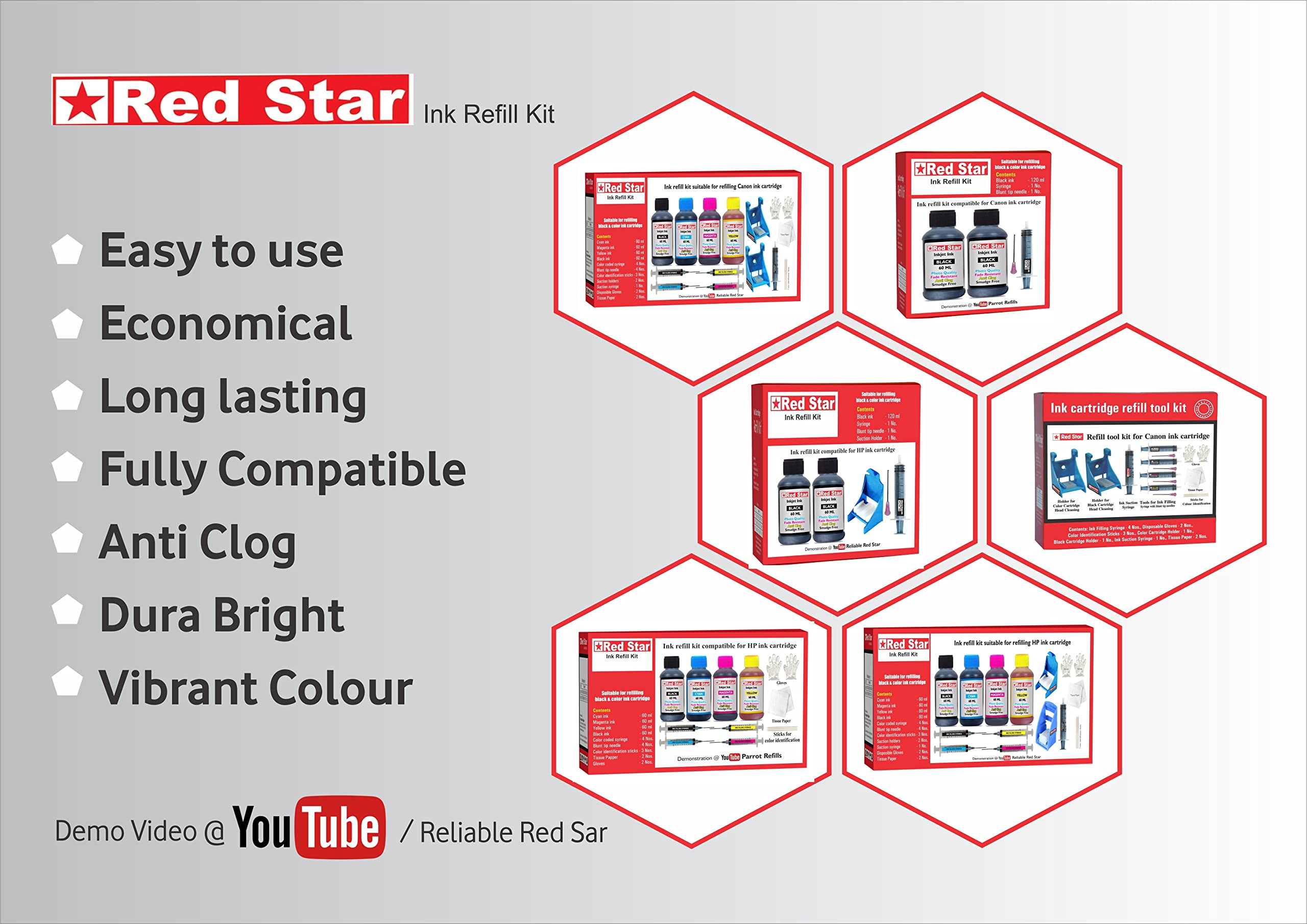 Red Star Multi Color Ink Refill kit with Suction Prime Holder Suitable for HP 63 62 61 60 64 65 67 901 Black & Color Ink Cartridge Combo Pack with 240 ml Ink, Tools & Instructions