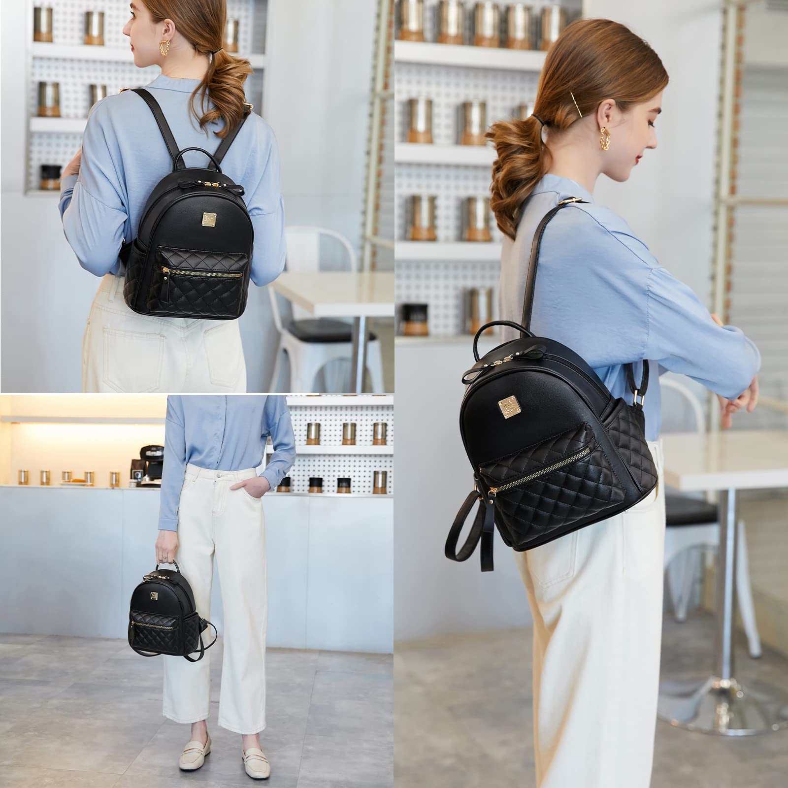 Women Mini Backpack Purse Small Cute Floral Print Faux Leather Womens Double Strap Shoulder Bag Purse (Black)