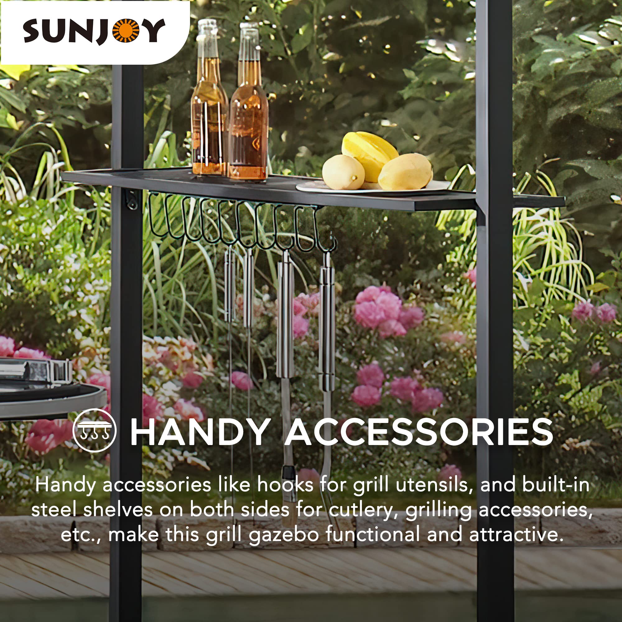 Sunjoy 5 x 8 ft Black Steel Frame Double Tiered Canopy Grill Gazebo for Outdoor, Patio, Garden, and Backyard Activities,Gray and Black