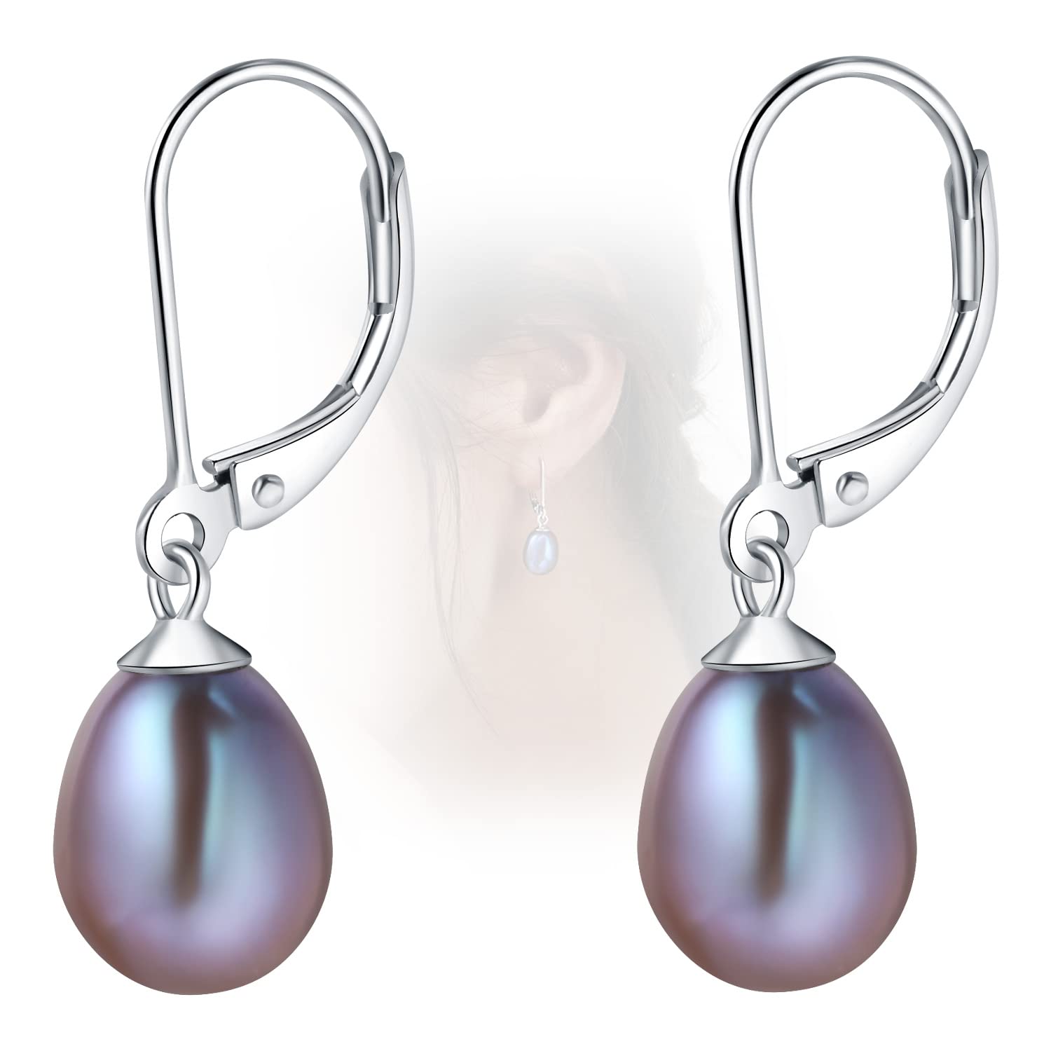 VIENNOIS Freshwater Cultured Black Pearl Earrings Sterling Silver Dangle Drop Earrings for Women (B-Purple/Blue)
