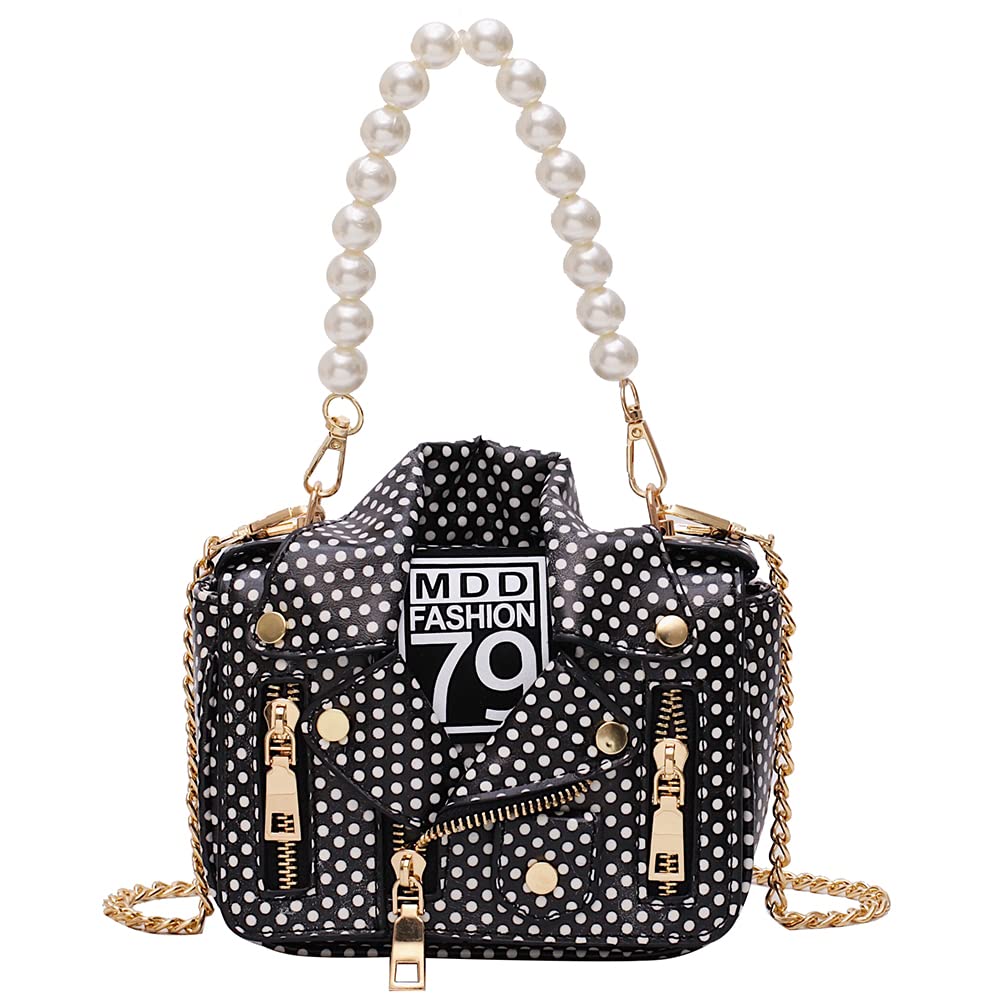 Women Motorcycle Shoulder Crossbody Bags Chain Jacket Bags Wave Point Messenger Bag Leather for Girls Purse (Black)