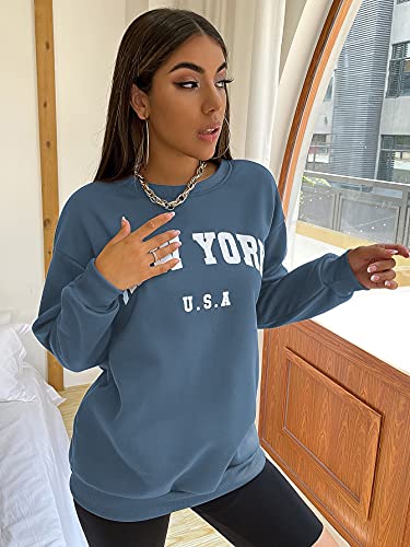 SheIn Women's Casual Long Sleeve Round Neck Slogan Graphic Letter Print Pullover Sweatshirt Dusty Blue S